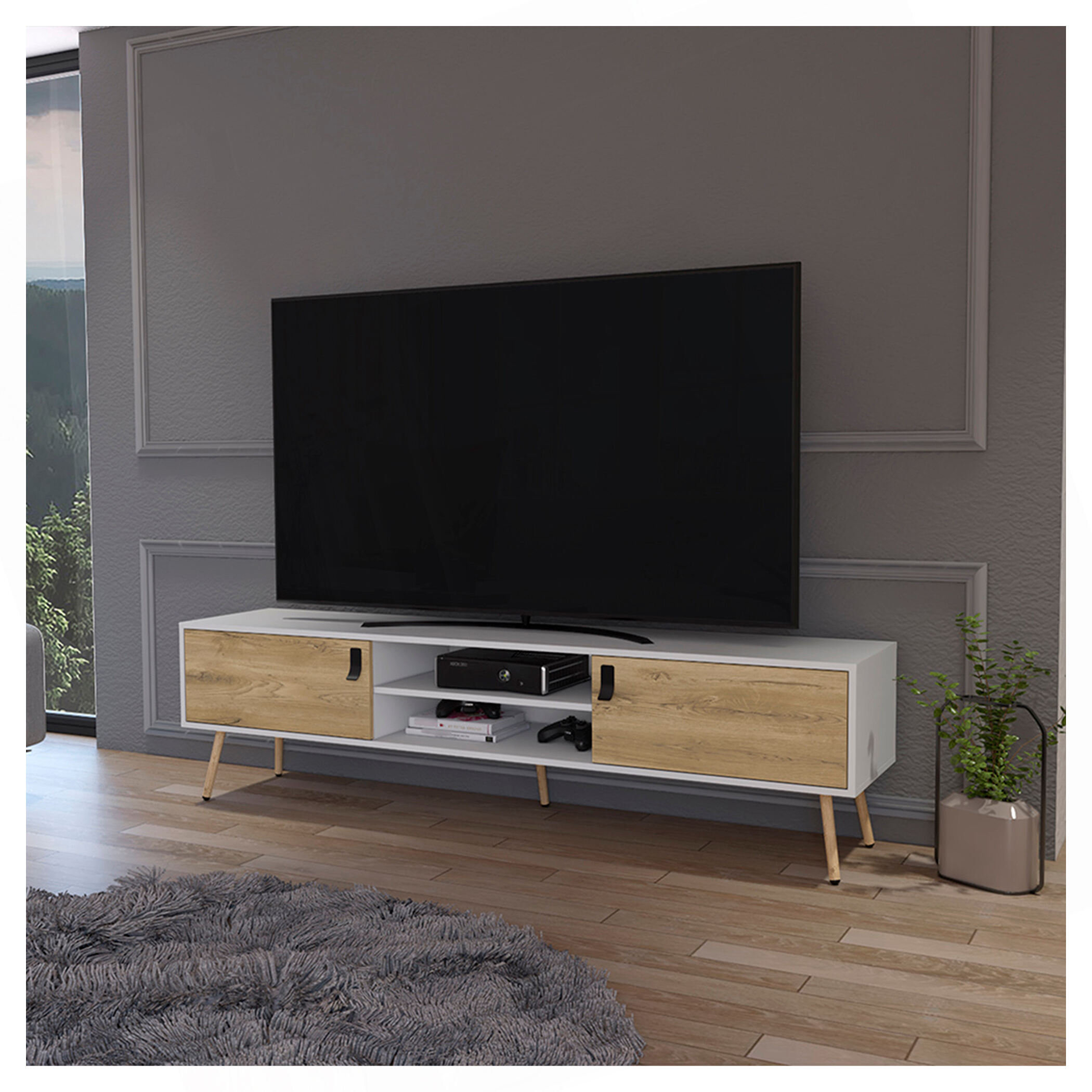 Ivy Bronx Modern Two-Toned TV Stand with Spacious Shelves and Concealed ...