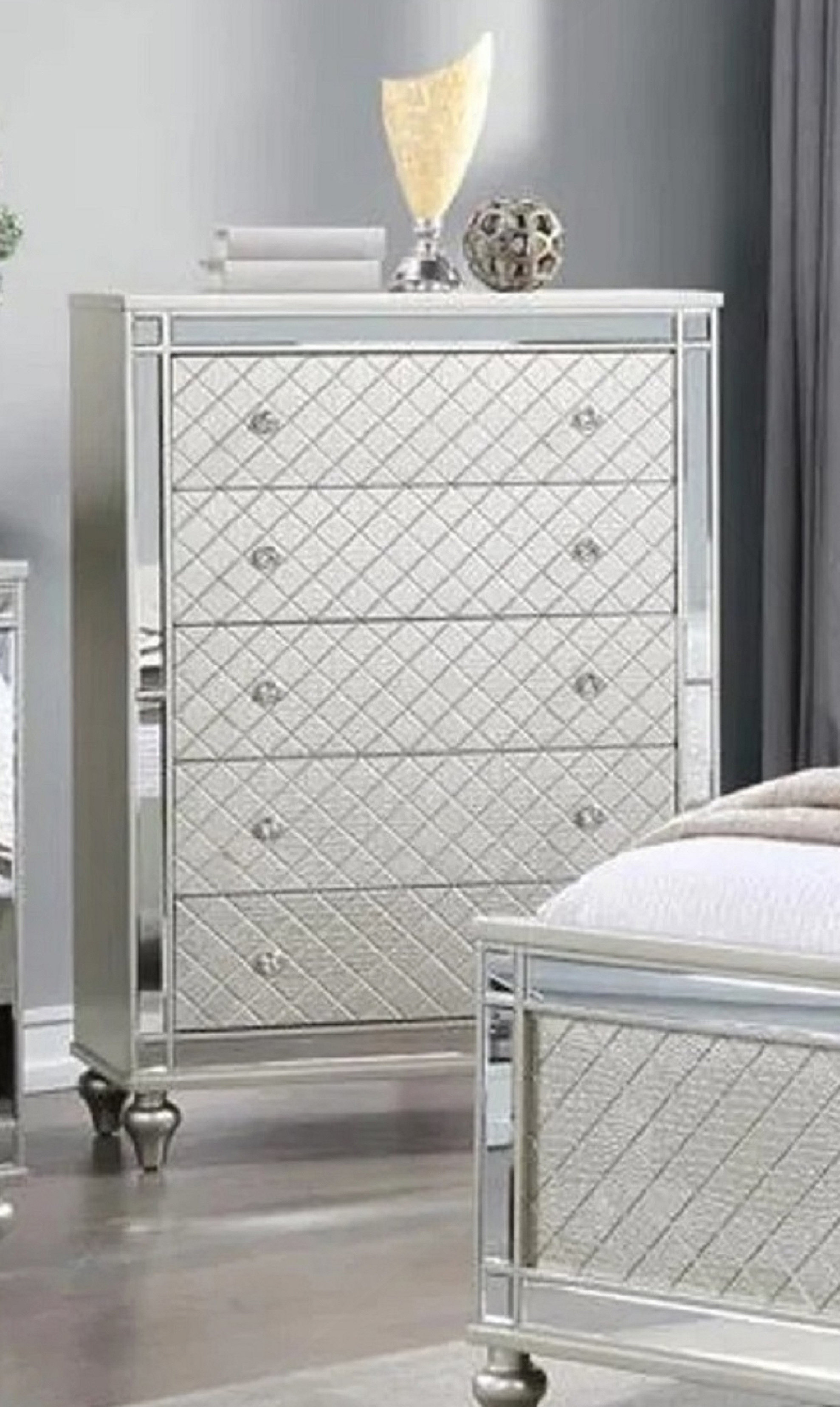 Everly Quinn 1pc Glam 5-Drawer Bedroom Chest Diamond Patterned Drawer ...