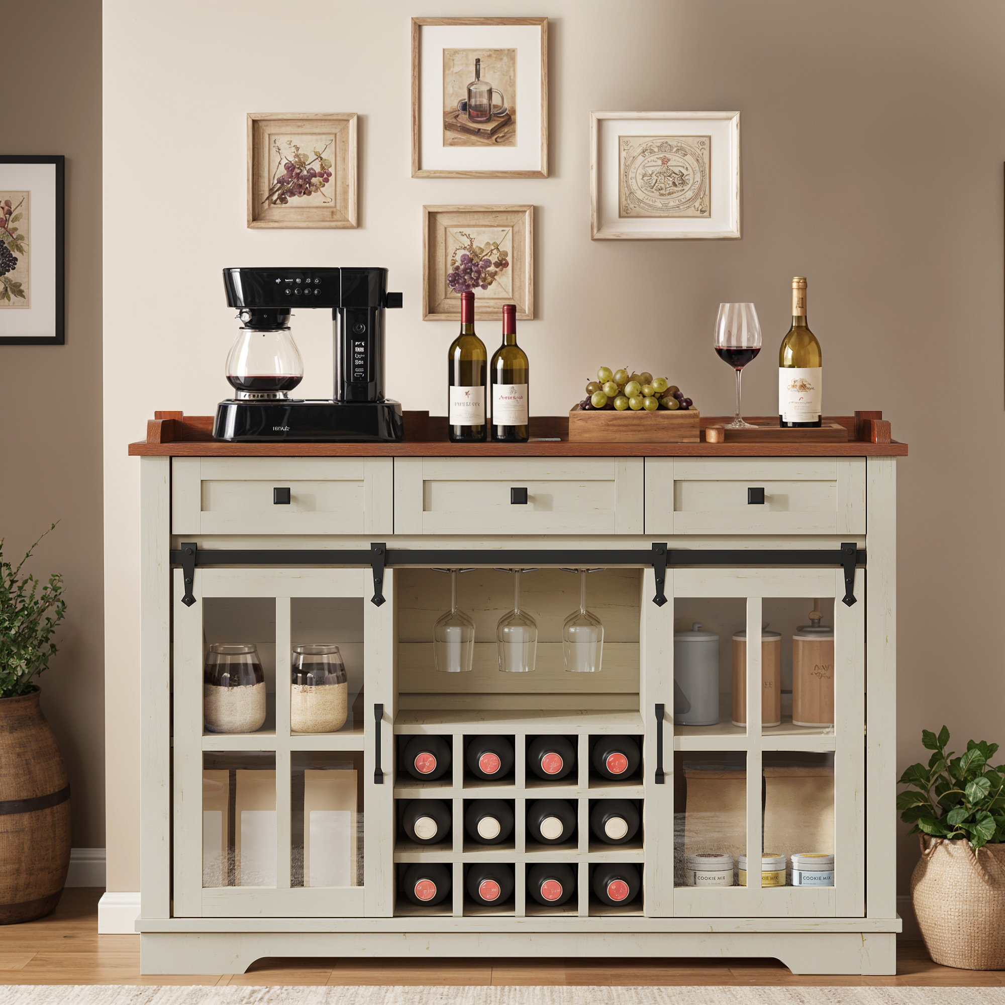 Gracie Oaks Aley 53.1'' Farmhouse Style Bar Cabinet, Wine Storage ...
