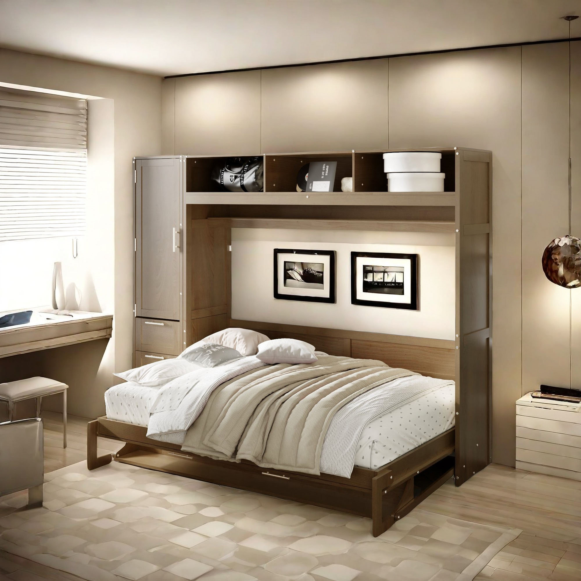 Red Barrel Studio® Full Size Murphy Bed With Desk, Solid Wood Frame ...