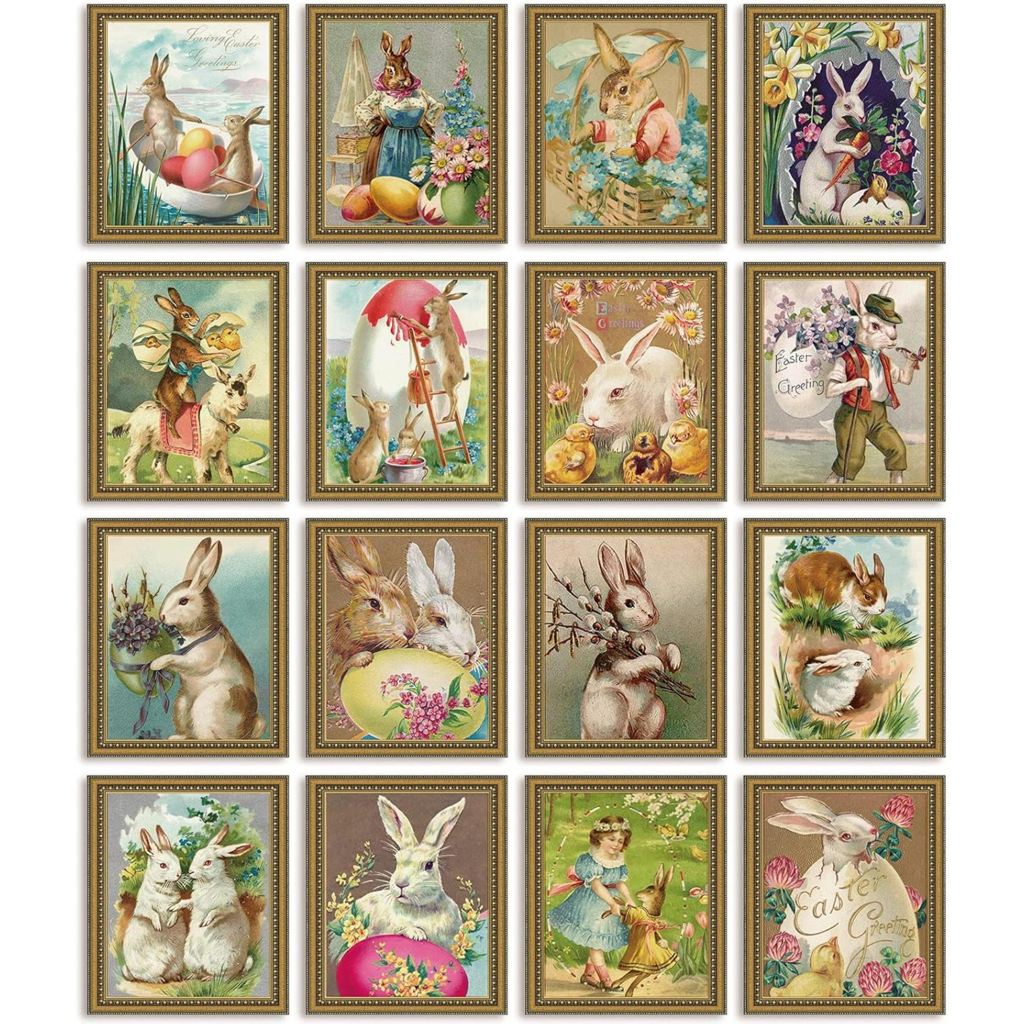 Astoria Grand 16Pcs Easter Wall Art Prints Vintage Bunny Egg Rabbit ...