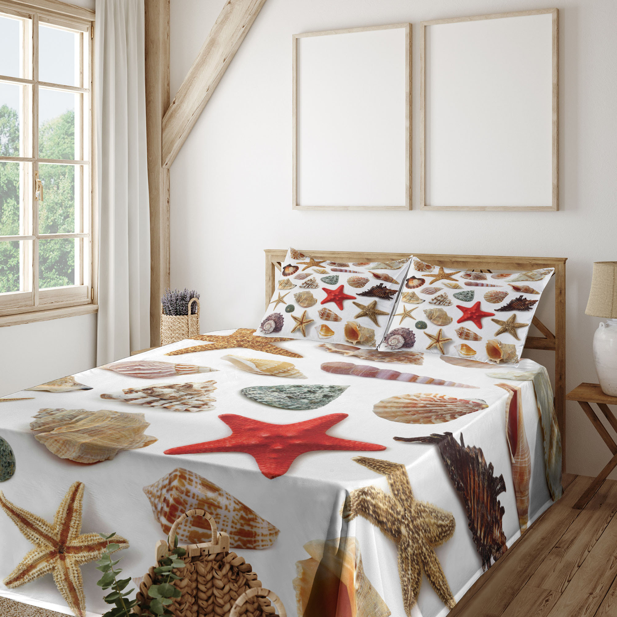 Ambesonne Seashells Sheet Set Beachy Shells Starfish Dark Pink Ecru ...