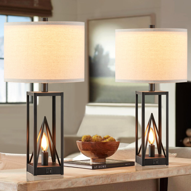 17 Stories Flurie 23.5‘’ Nightstand Bedside Lamp Sets with USB Ports ...