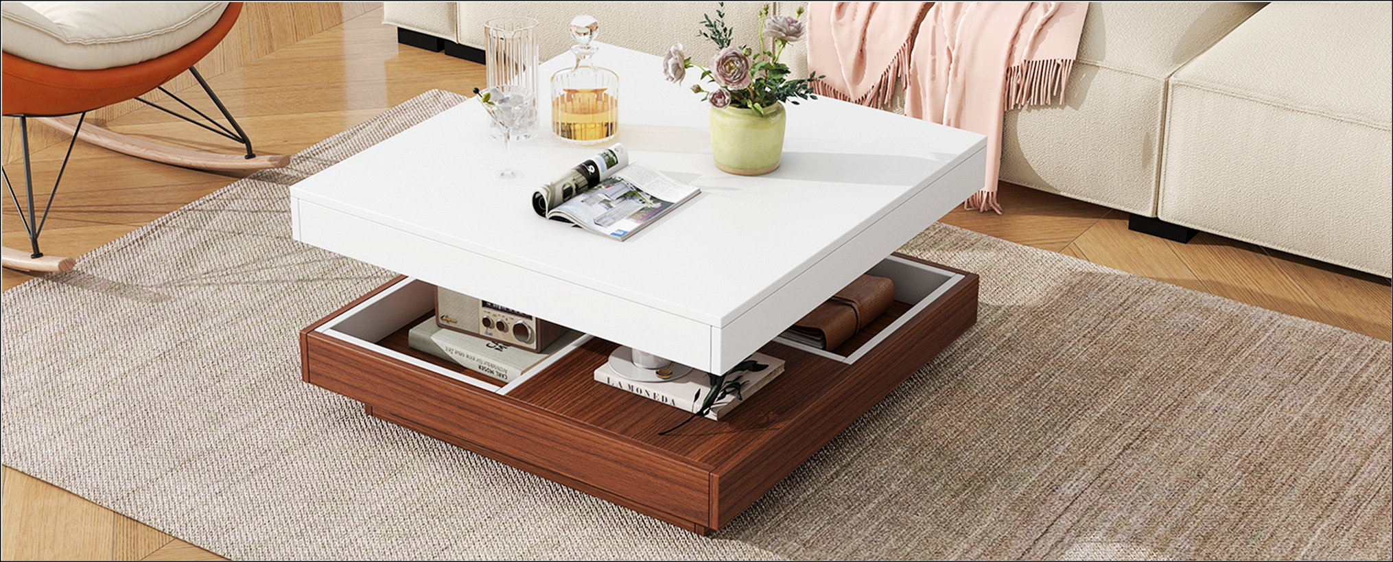 Wrought Studio™ Modern Square 360°Rotating Coffee Table with Three ...