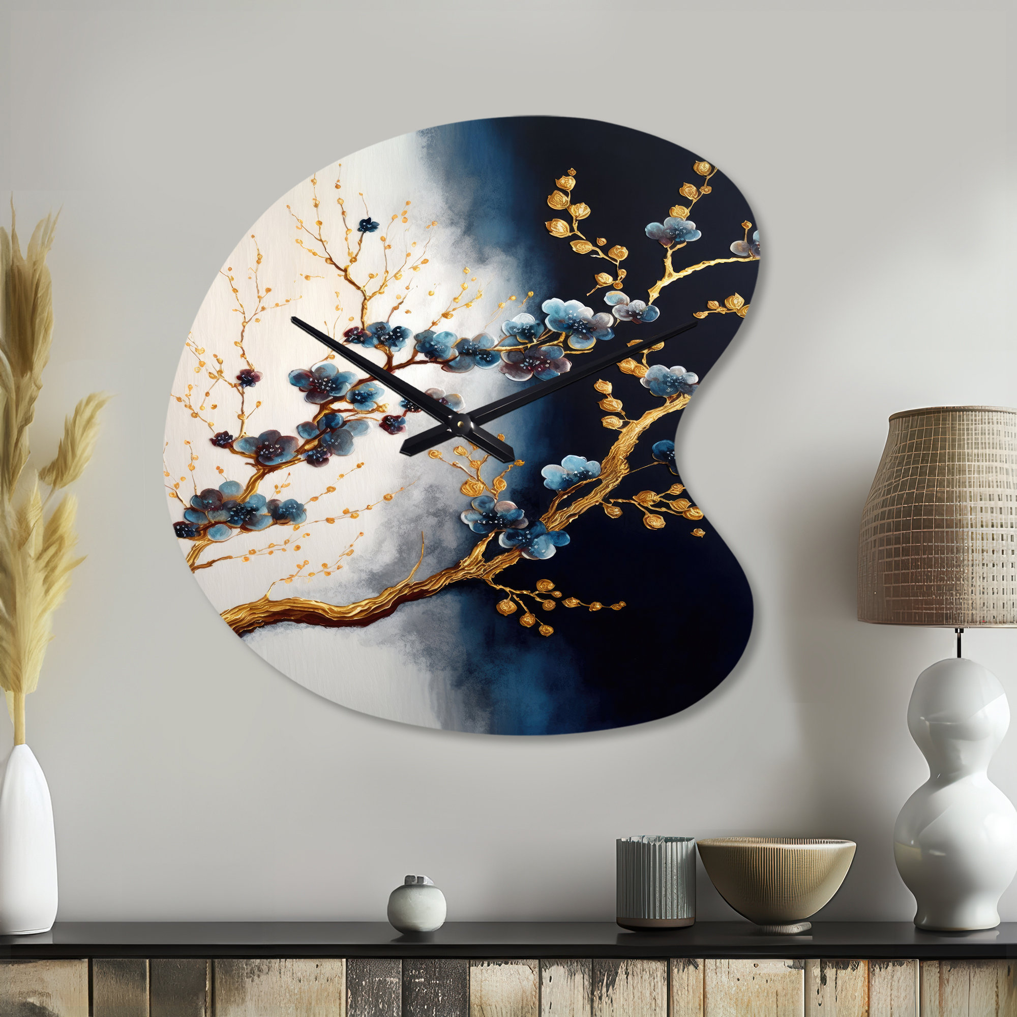 Design Art Blue Cherry Blossom Branch VI - Bonsai Asymmetrical Metal ...