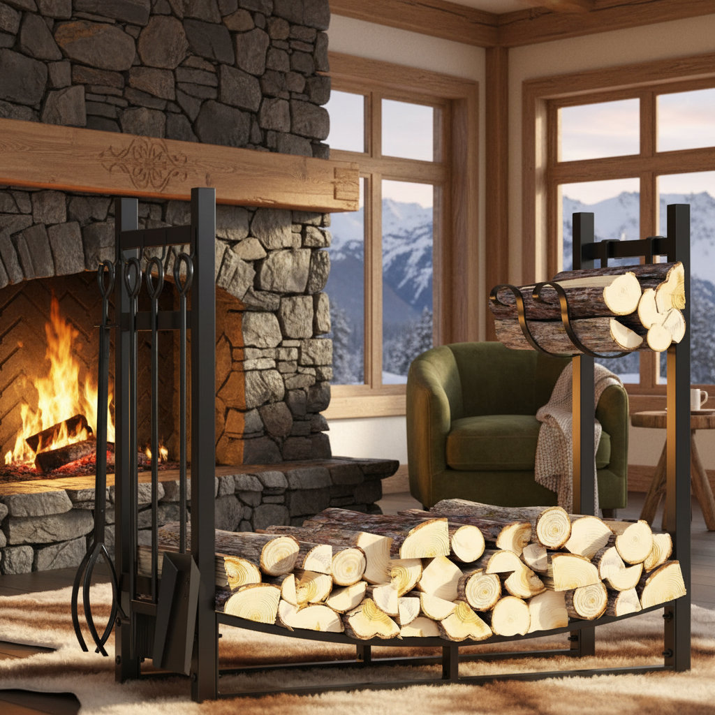 17 Stories Sturdy Fireplace Log Rack With Kindling Holder & Firewood ...