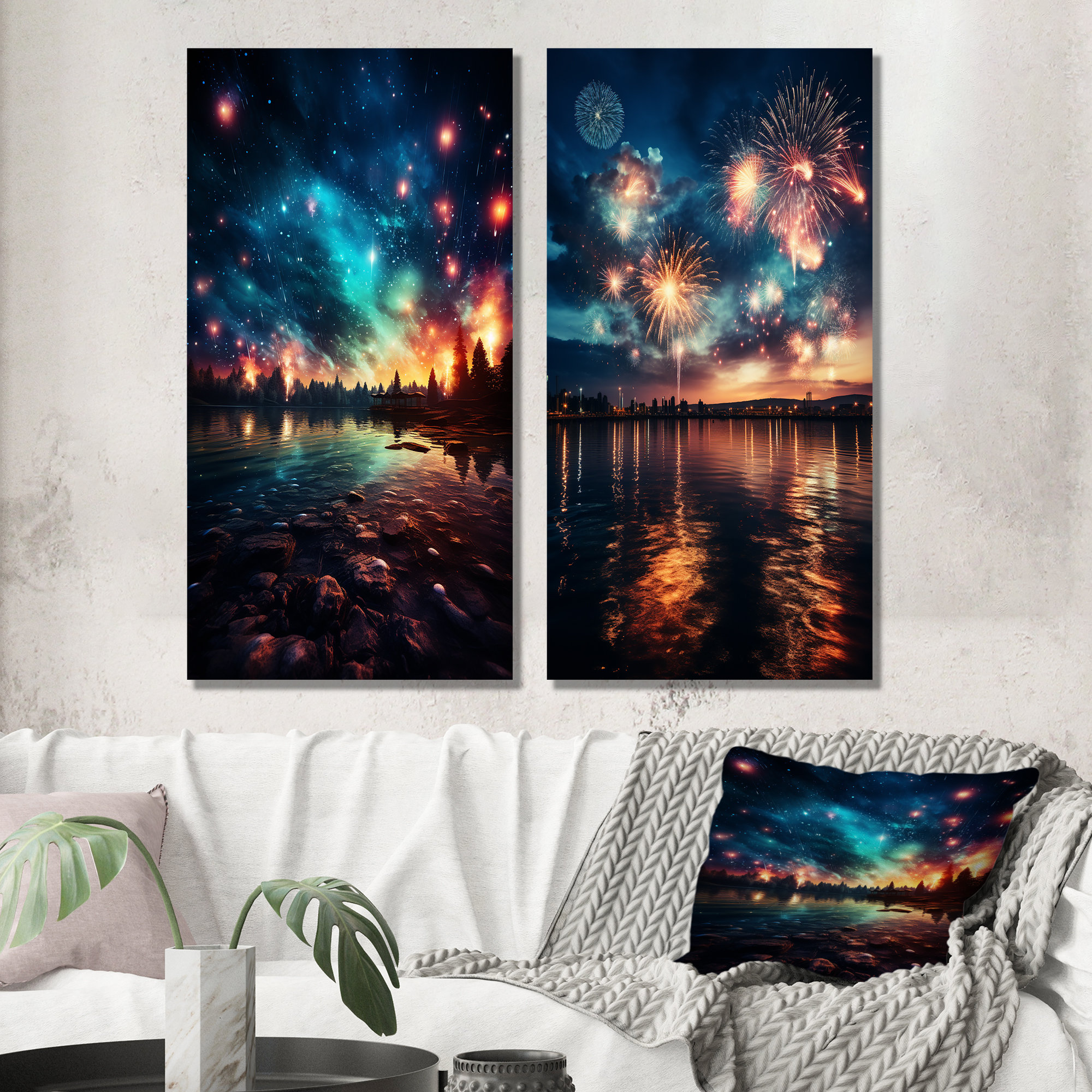 Latitude Run® Green And Red Fireworks By The Lake II - Fireworks Canvas ...