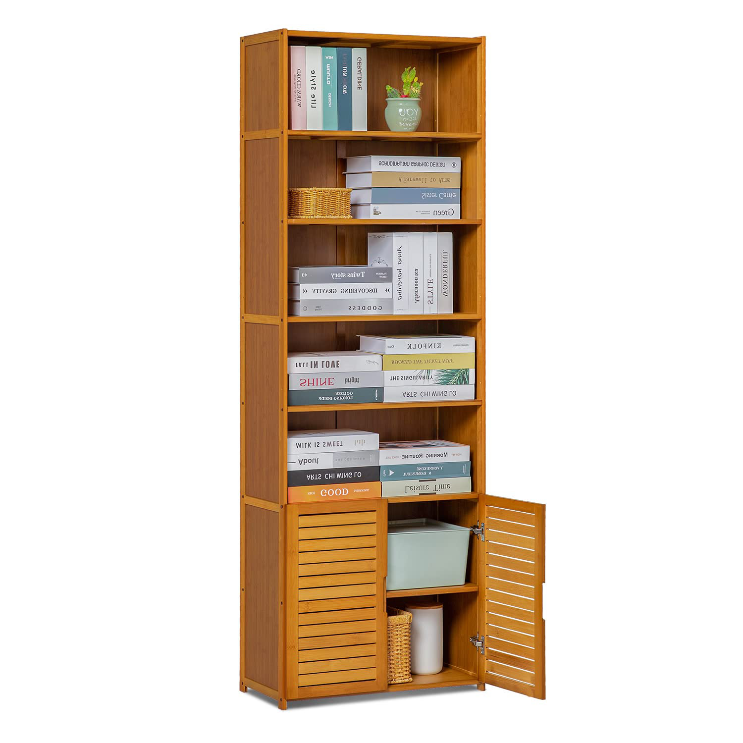 Latitude Run® 7 Tier Bookcase With Shutter Doors Bamboo Free Standing ...