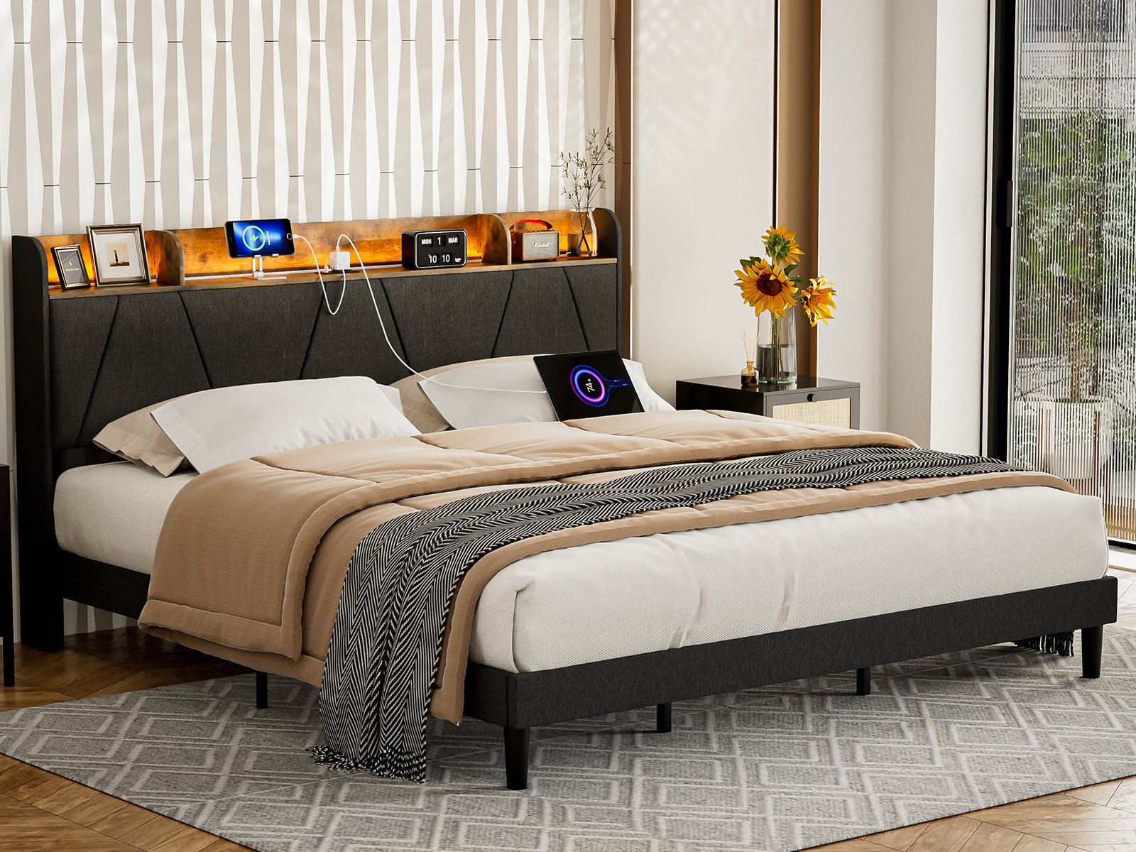 Ivy Bronx Gearl Upholstered Bed With Storage Shelf Headboard & Charging ...