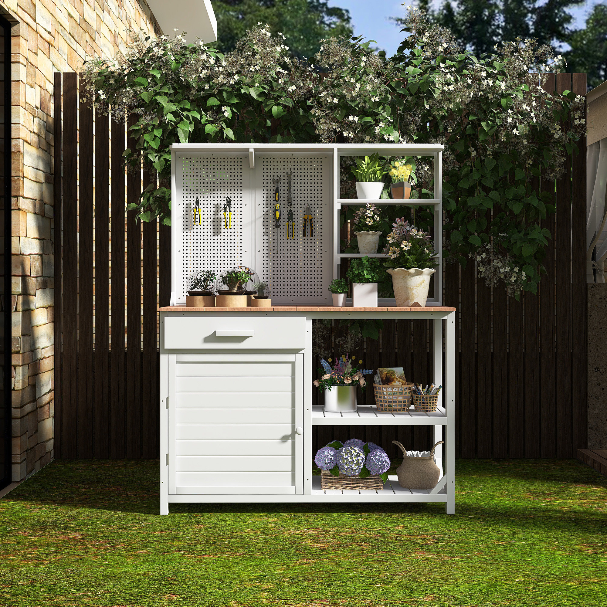 Red Barrel Studio® Garden Potting Bench Table With Shelves, Hooks ...