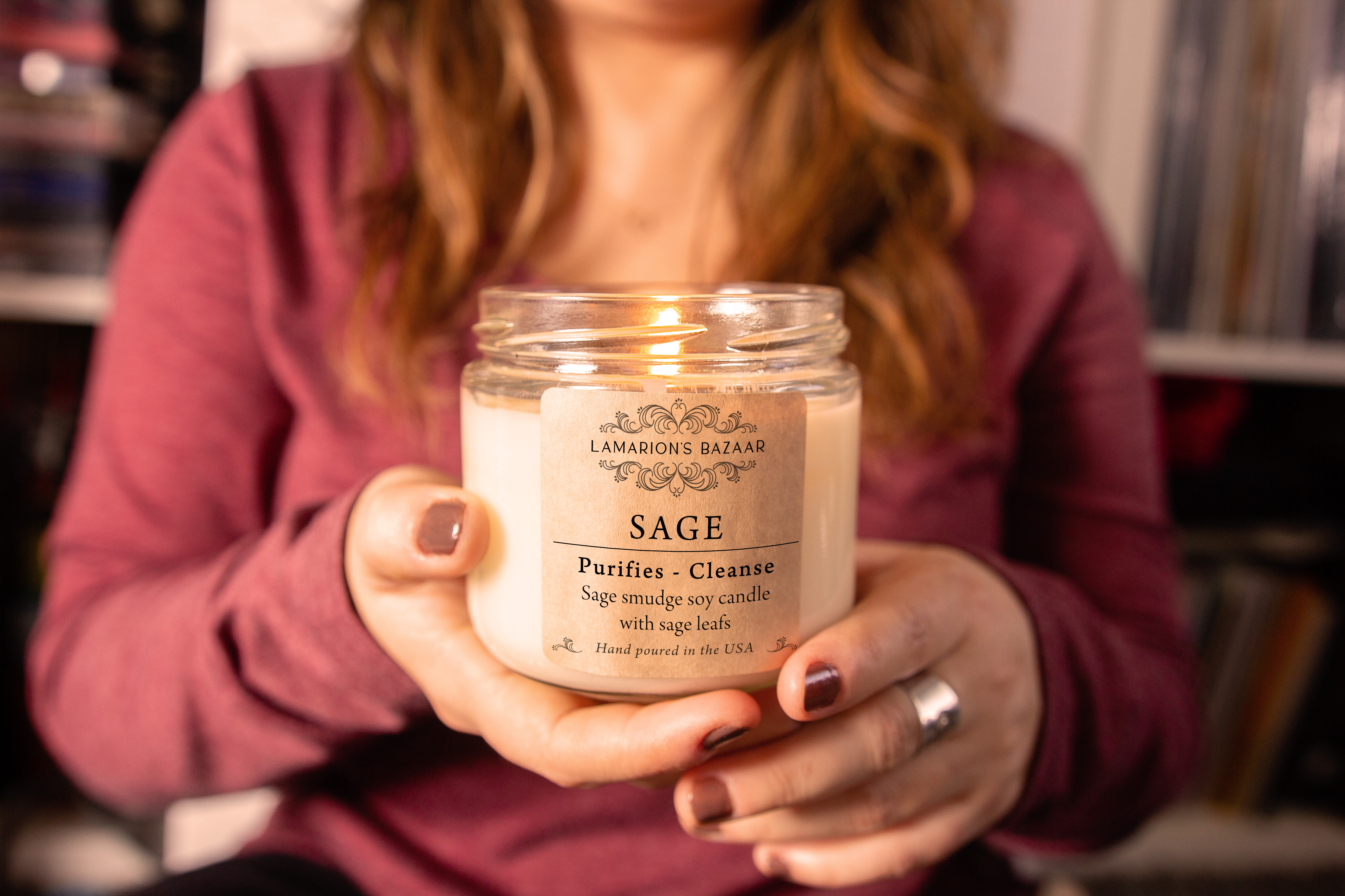 LAMARION'S BAZAAR White Sage Smudge Candle With Natural Sage Leafs ...