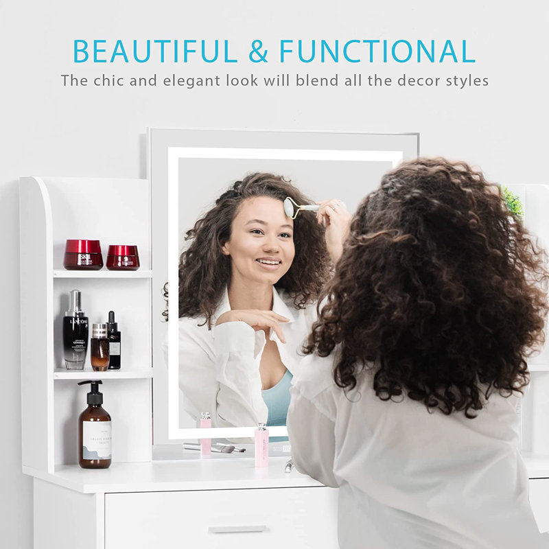 Ebern Designs Decorian Makeup Vanity Table Set With 3-colour Dimmable ...