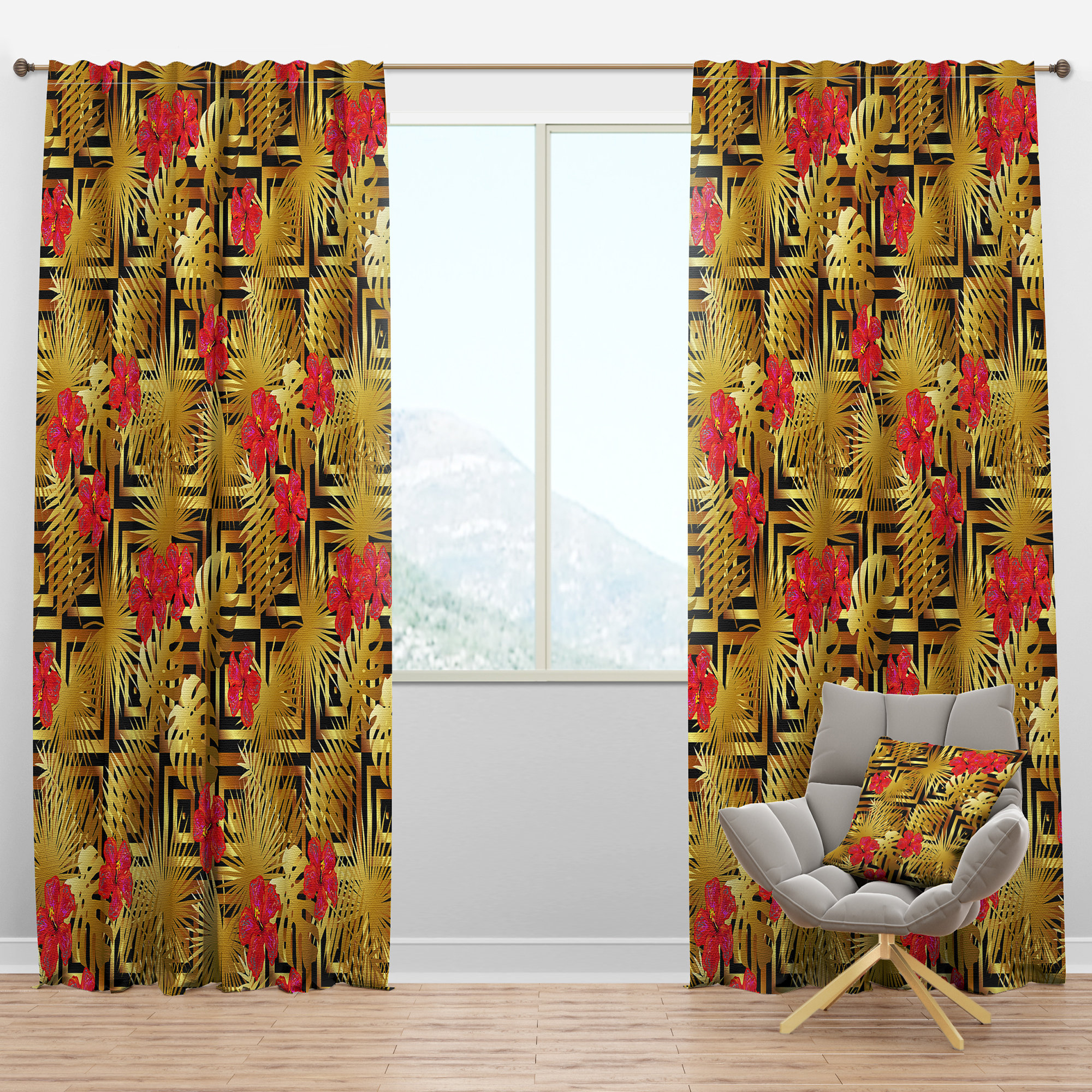 Design Art Tropical Gold Luxury Pattern I - Mid-Century Velvet Curtain ...