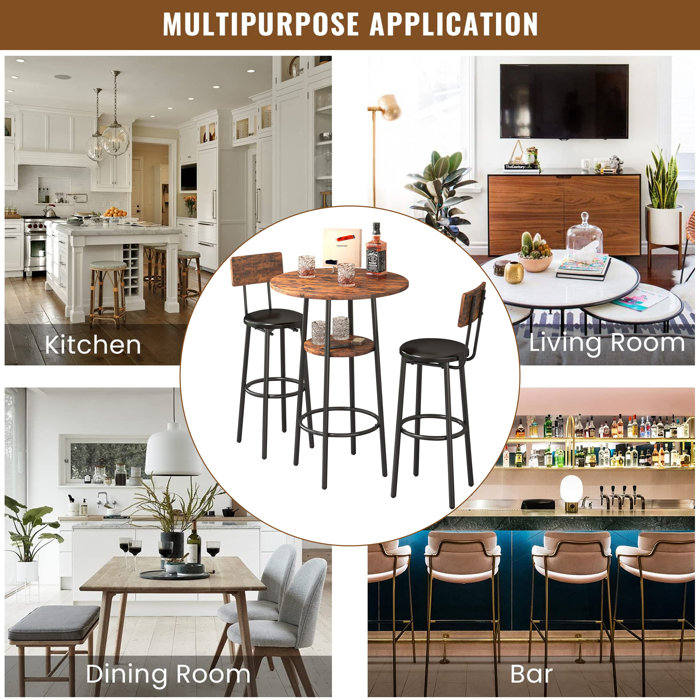 17 Stories 3-Piece Bar Table Set for 2, 2-Tier Round Bistro Dining ...