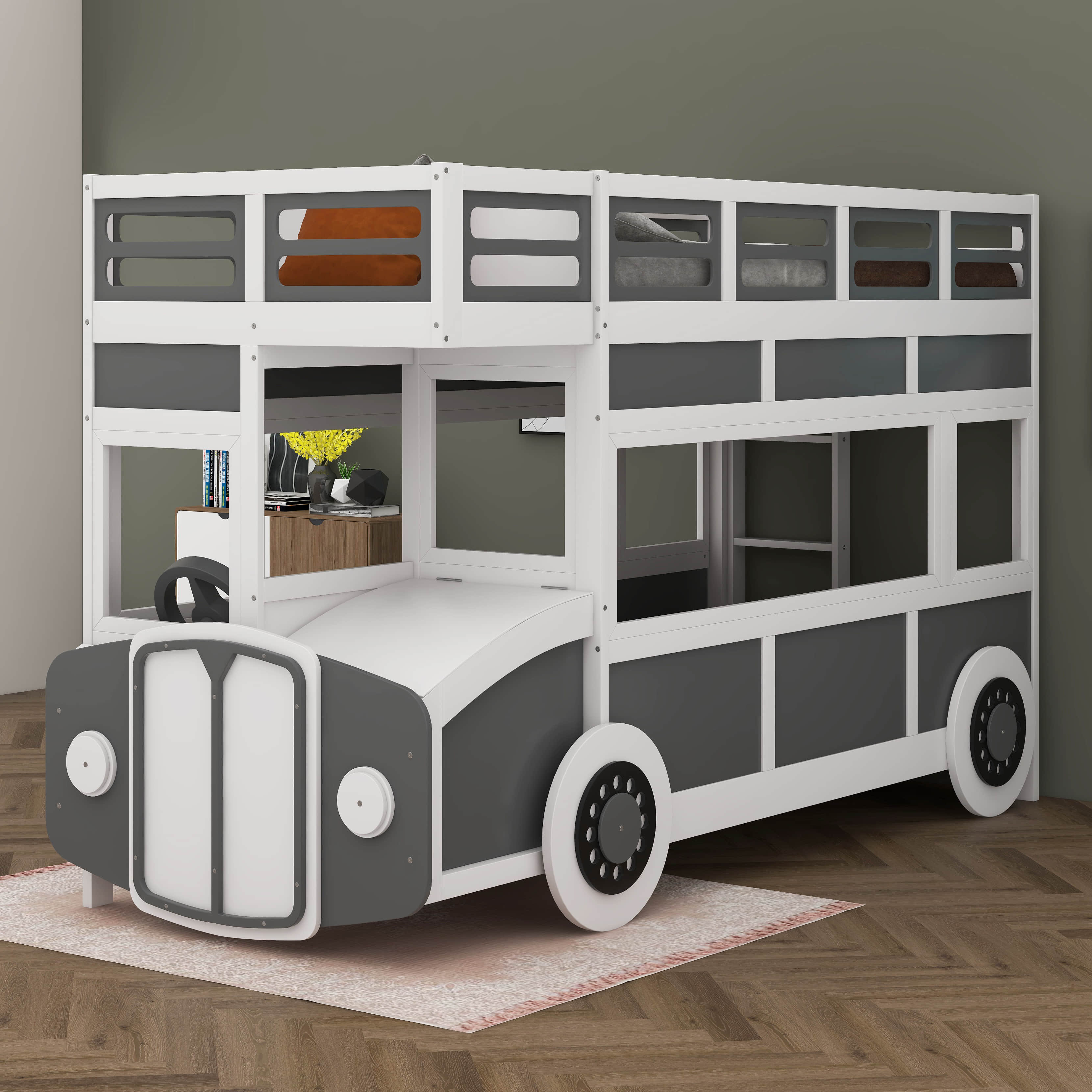 Zoomie Kids Alycee Twin over Twin Bus-shaped Bunk Bed with Wheels and ...