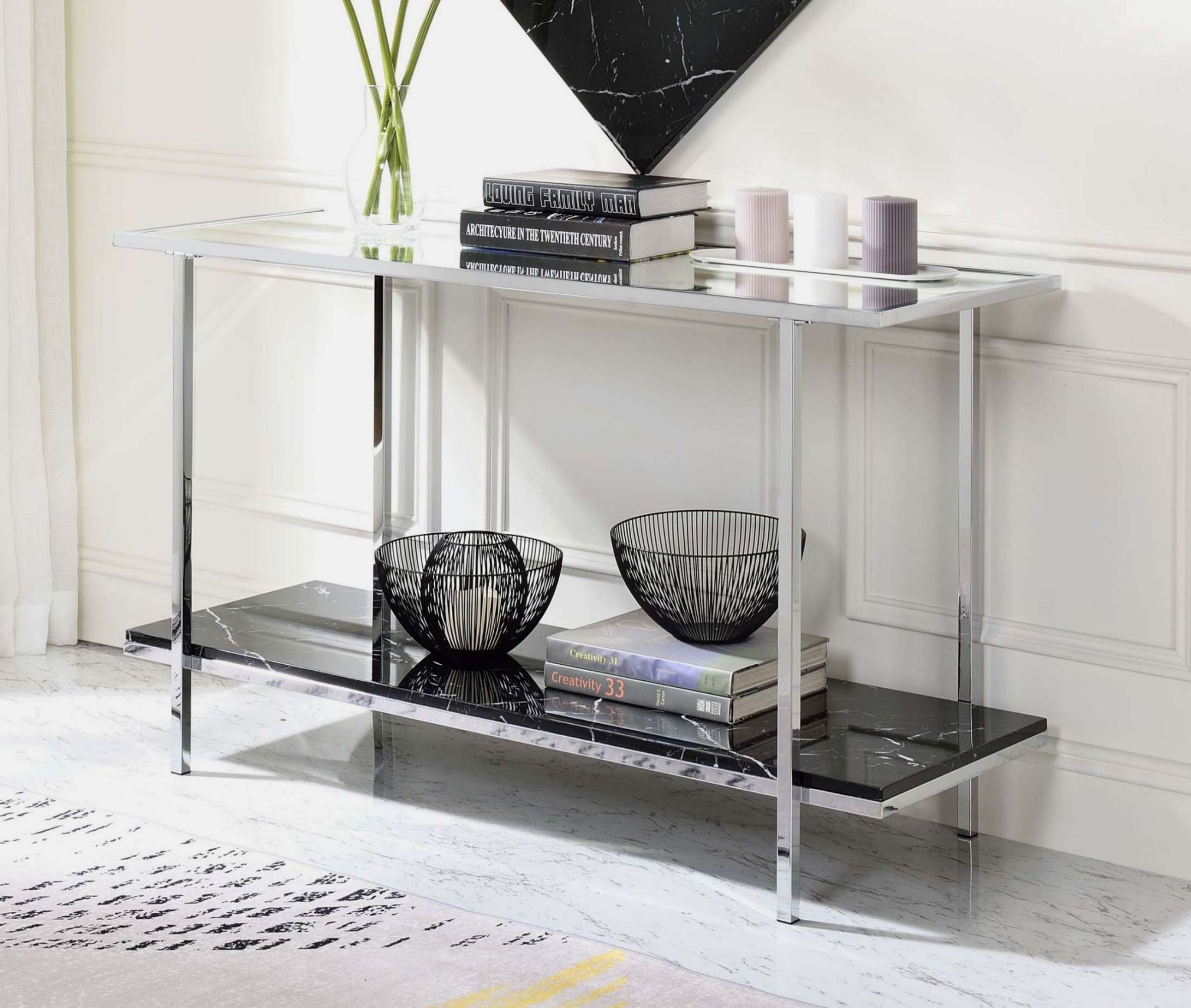 Red Barrel Studio Console Table, Mirrored, Faux Marble & Chrome ...