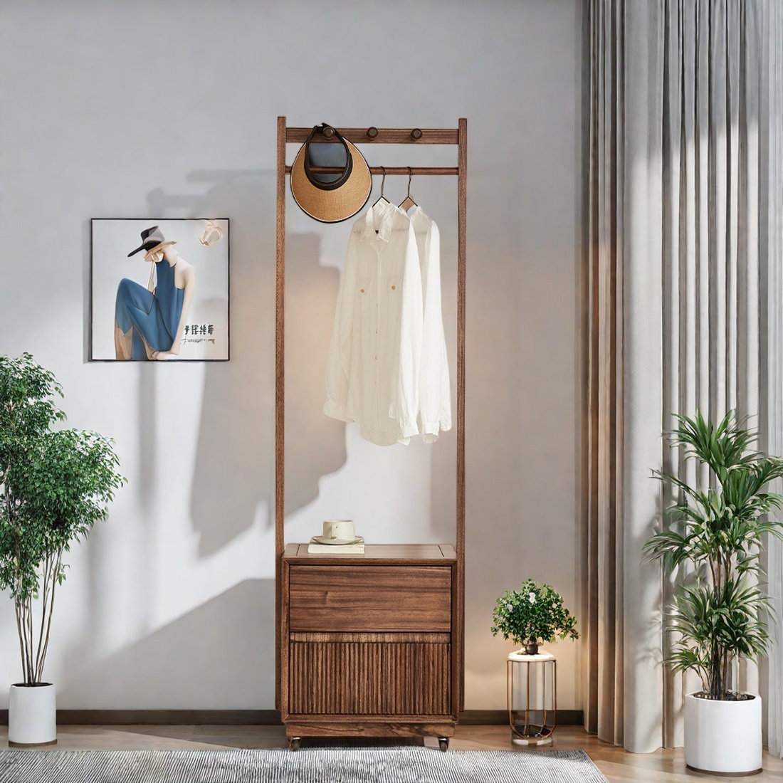 PPEDKS Walnut Coat Rack Drawers Multi - function | Wayfair