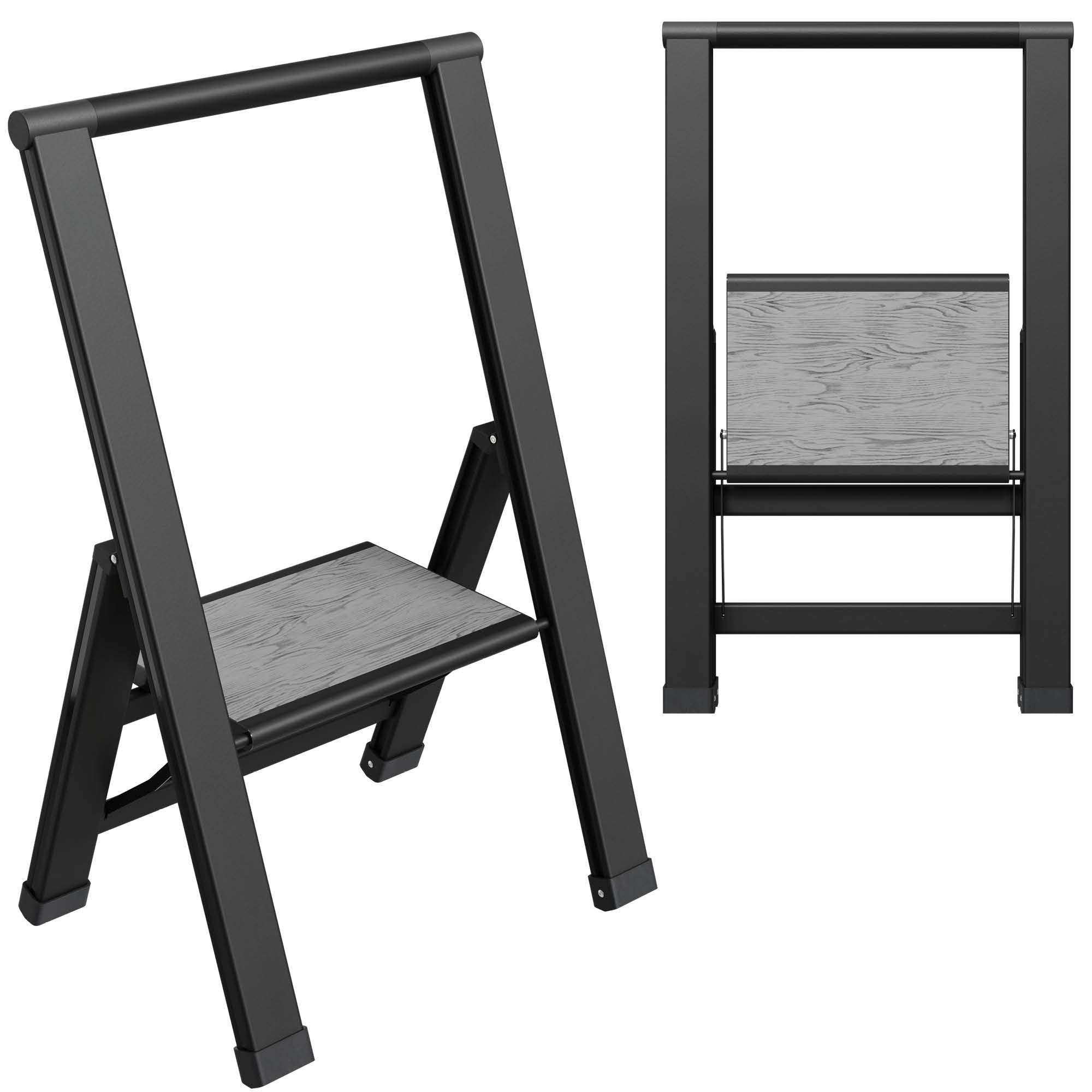 Sorfey Premium 1 Step Ladder Modern Grey Wood. Lightweight, Ultra Slim ...