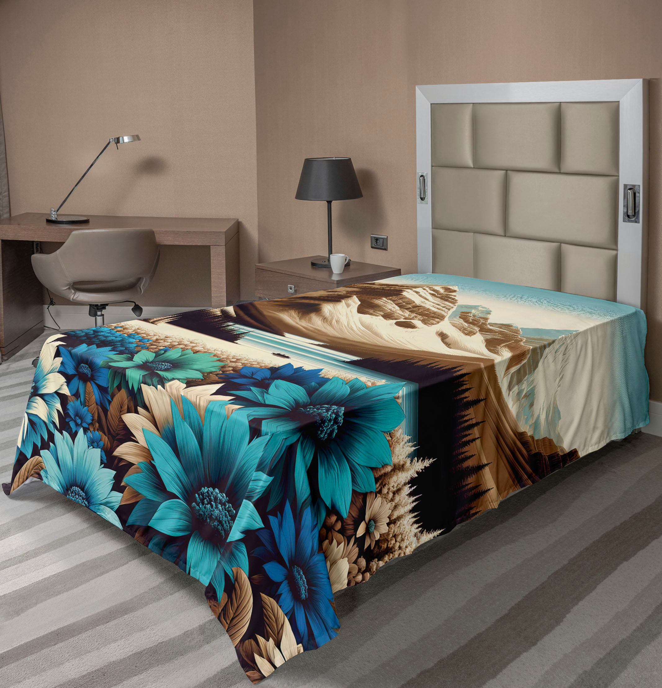 Ambesonne Lake Top Flat Sheet Mountain Scene Icy Tone Floral Pale Blue ...