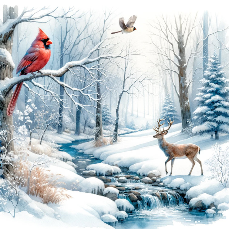 Millwood Pines Crystal Winter: Majestic Deer And Cardinal In Snowy ...
