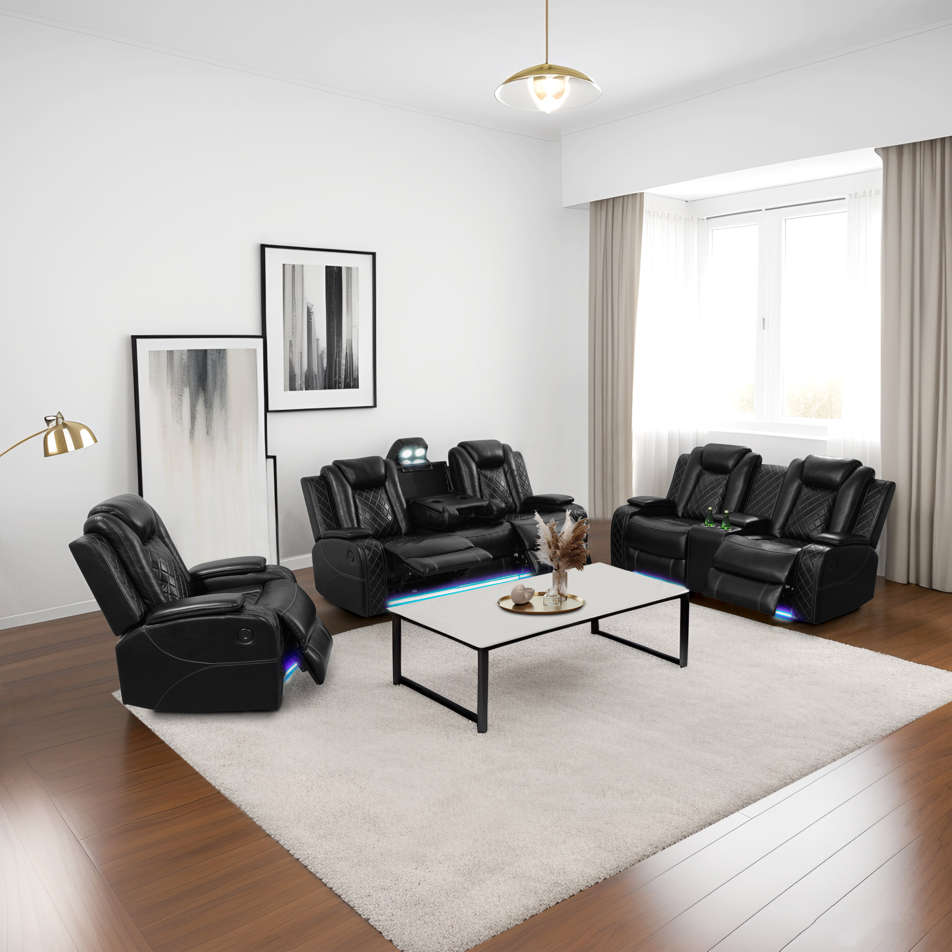 Hokku Designs Mayelin 3 - Piece Movie Theater Recliner Set with LED Light | Wayfair