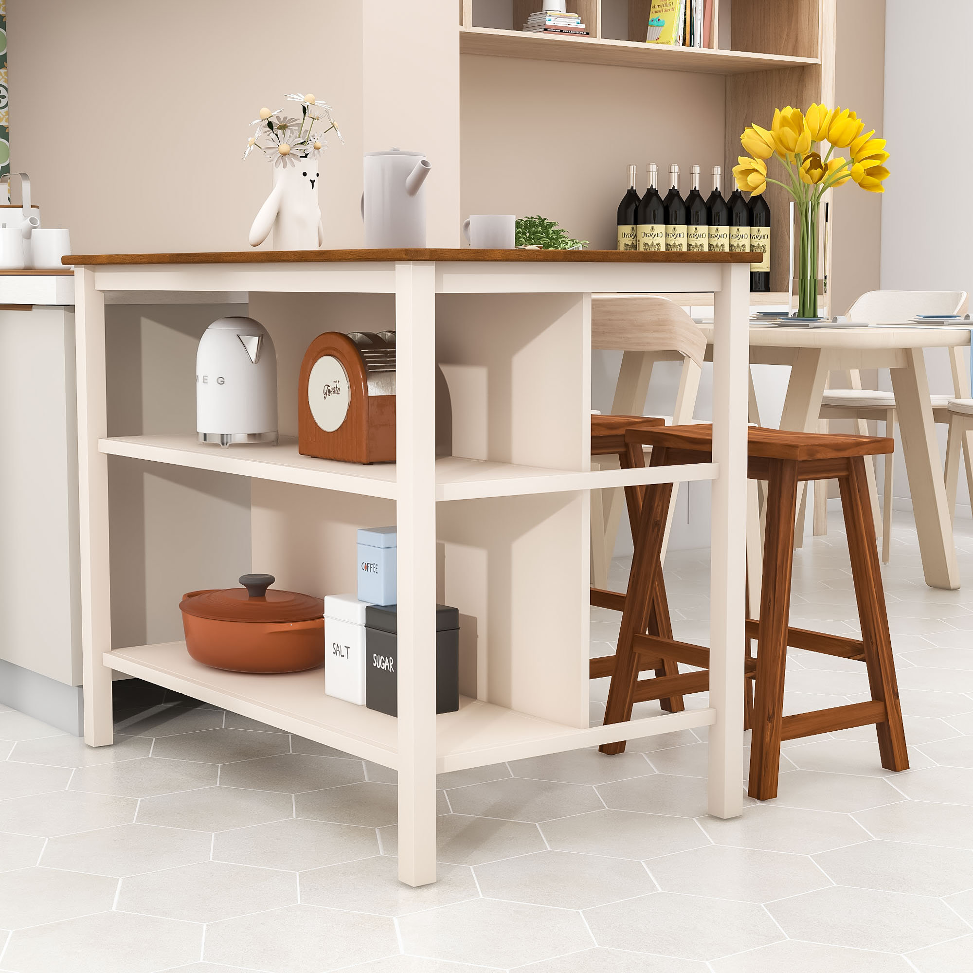 17 Stories Jakori Rustic Wood 3-piece Kitchen Island Set with Butcher ...