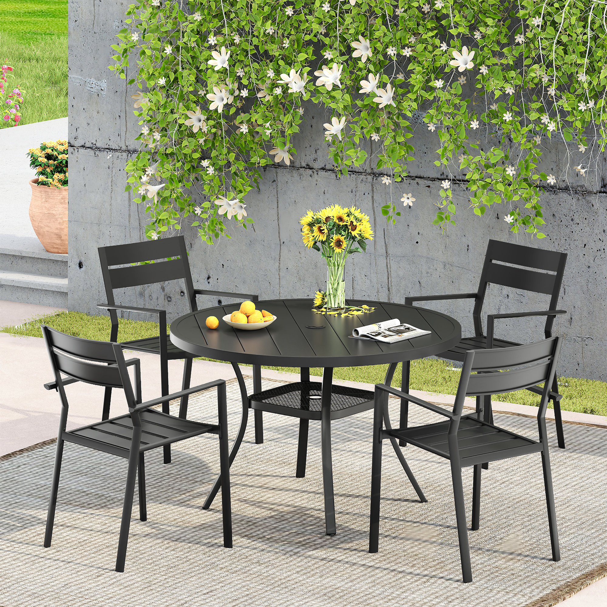 Lark Manor™ Patio dining set with Round Metal Dining Table and 4 Metal ...