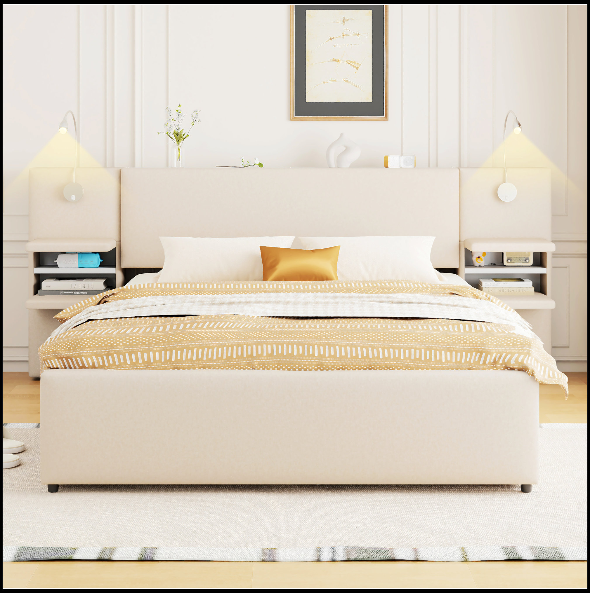 Latitude Run® Queen Size Upholstered Platform Bed With Reading Lights ...