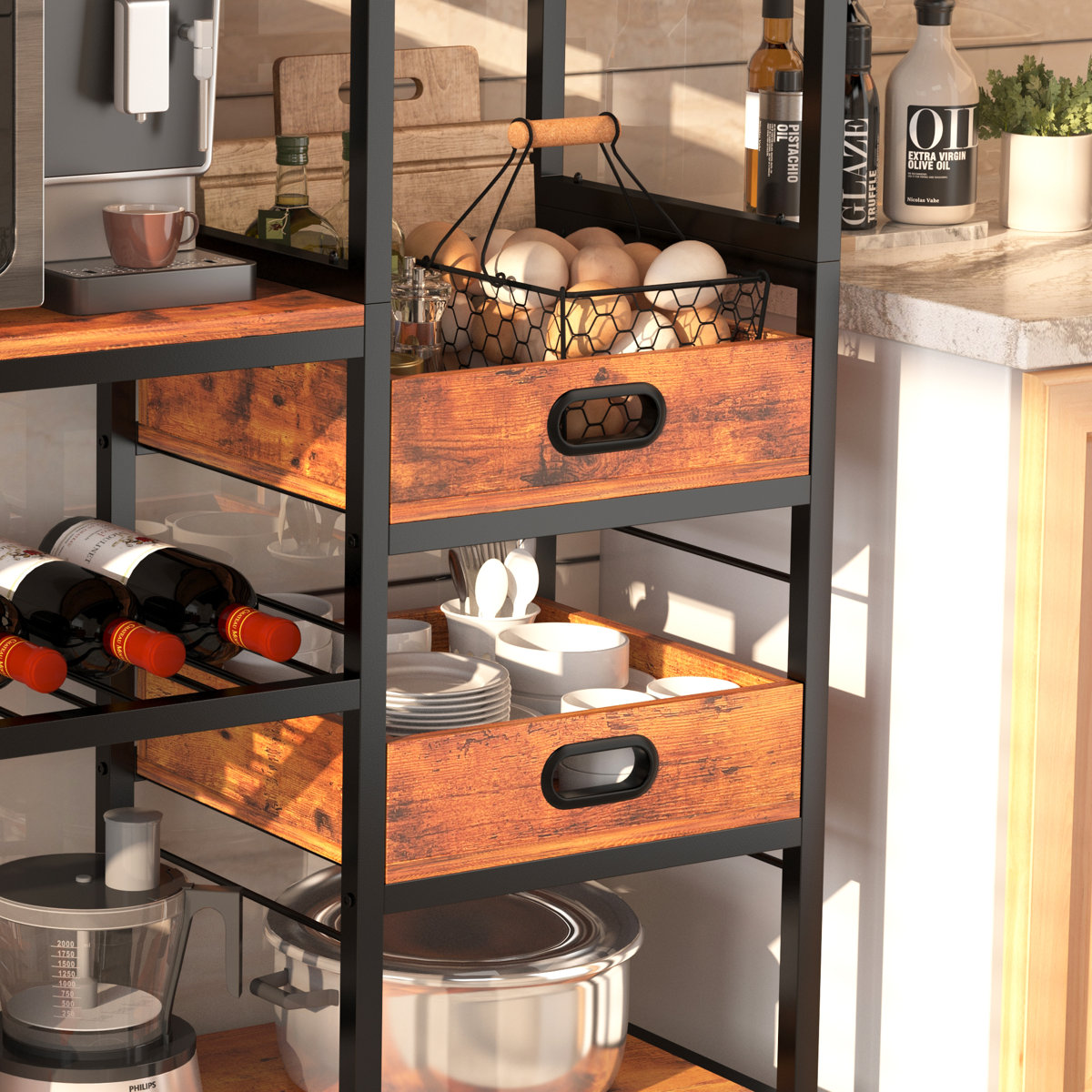 NAIYUFA Wide 49.6'' Metal Standard Bakers Rack With Wine Racks And Wood ...