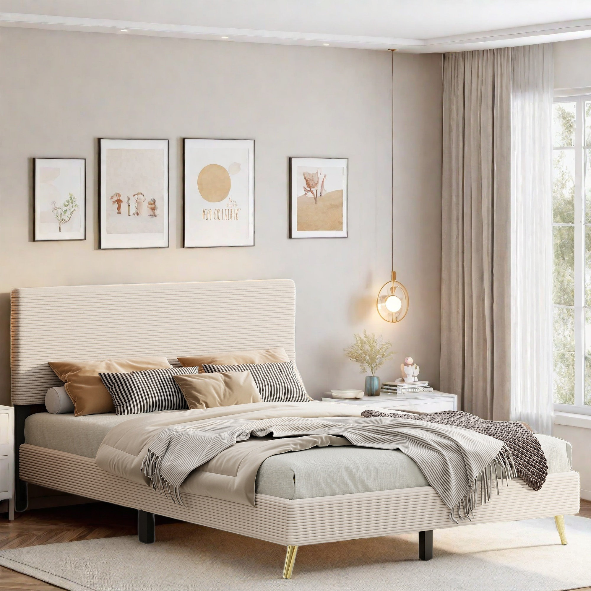 Mercer41 Upholstered Platform Bed With Horizontal Stripe Headboard And ...