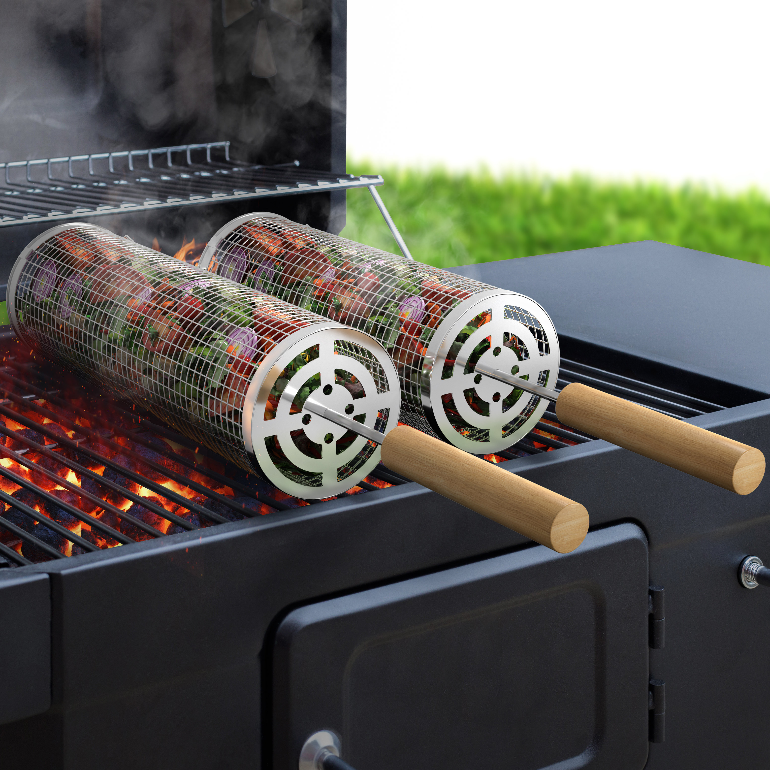 Sorbus Stainless Steel Rolling Barbecue Grilling Basket With Removable ...