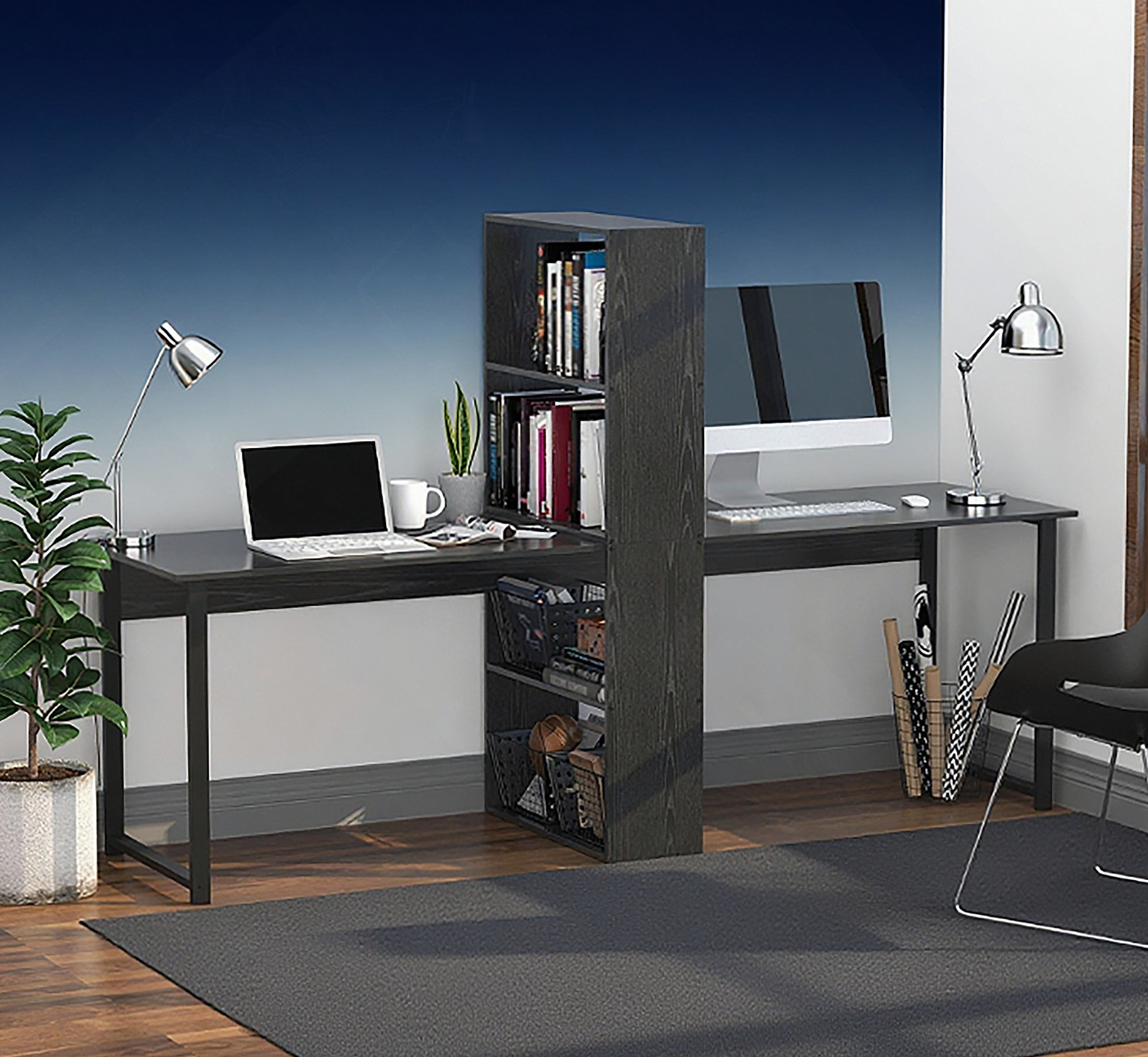 Latitude Run® Long Computer Desk with Storage Shelves Combo, Double ...