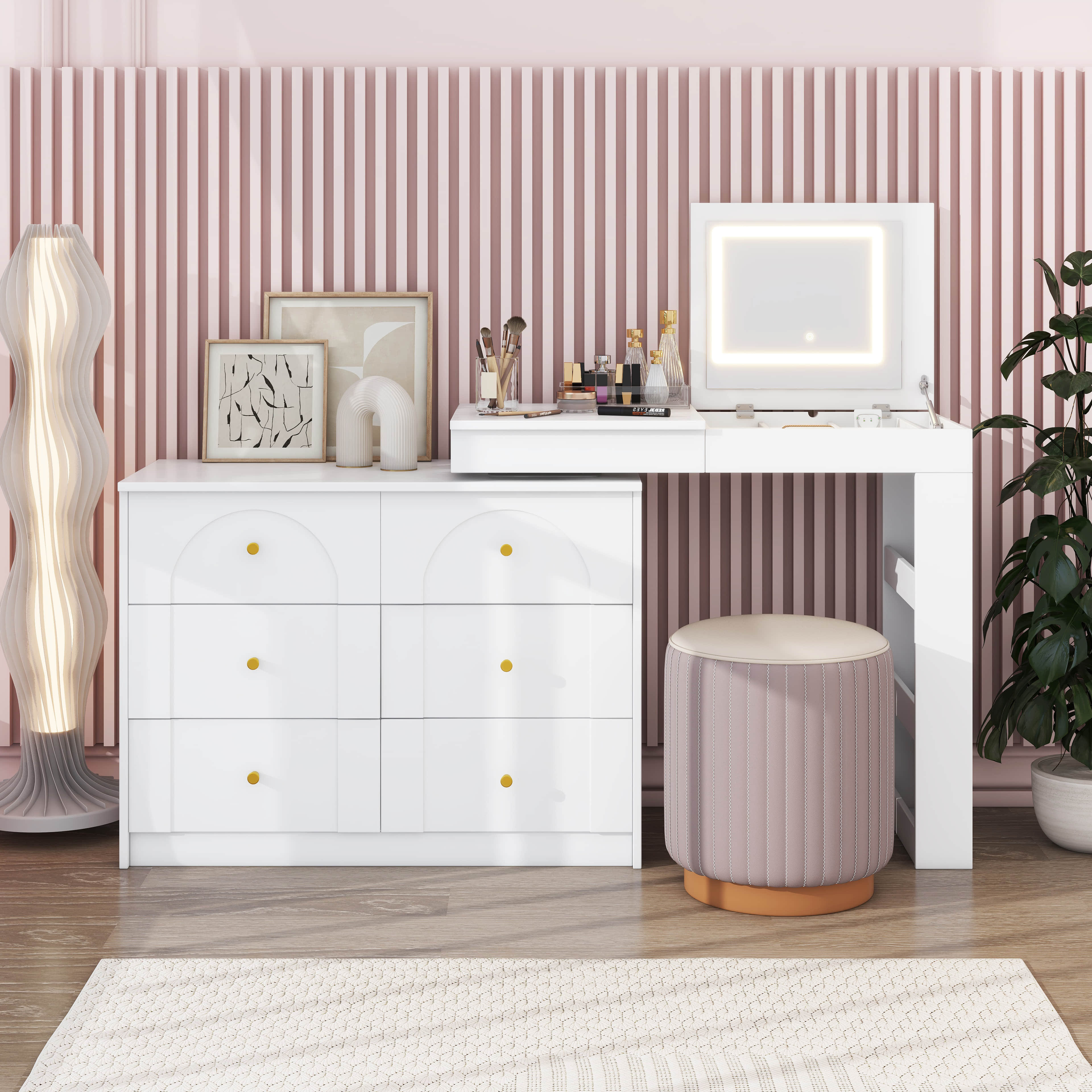 Ivy Bronx Vanity Desk With Mirror And Lights, Flip-Top Tabletop And ...