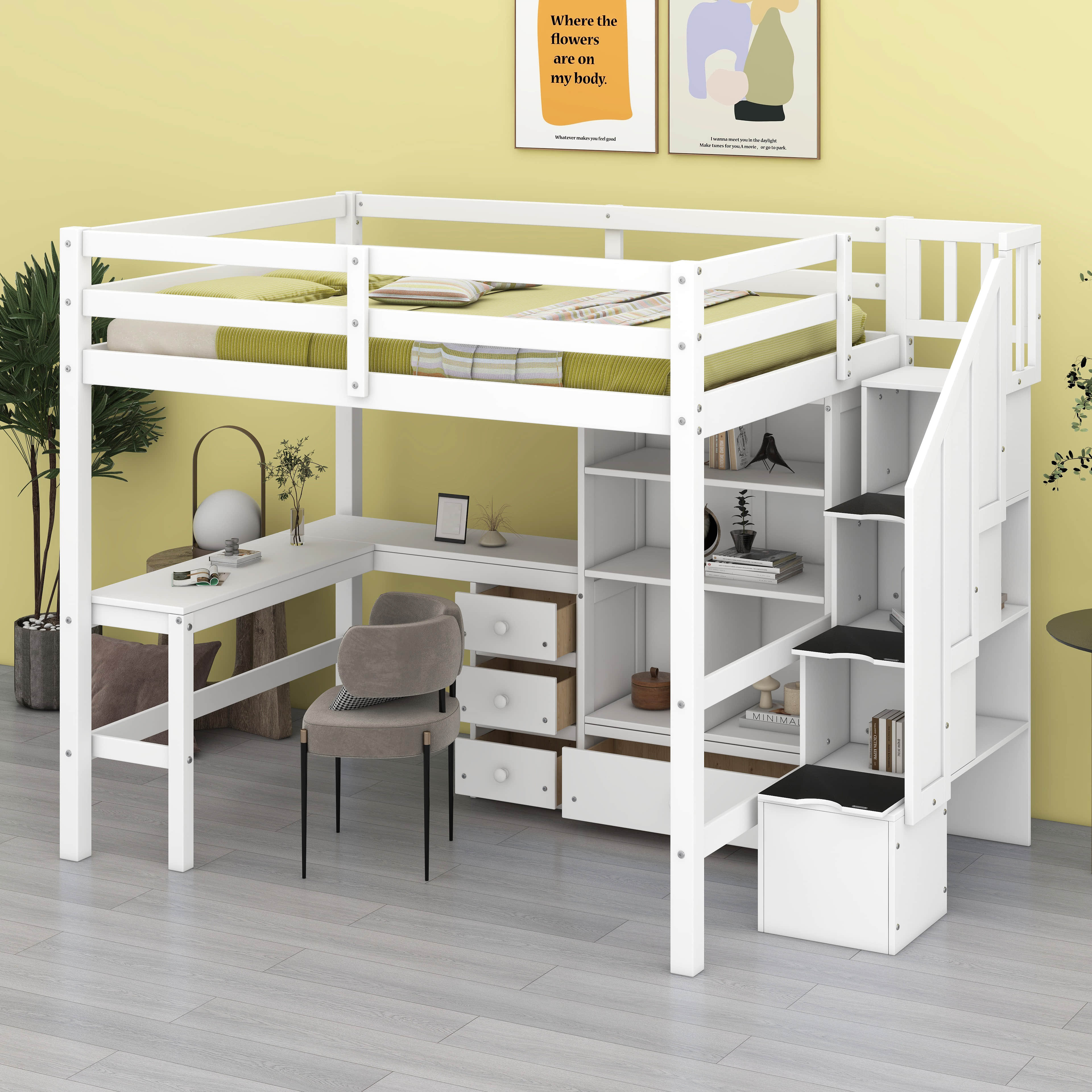 Harriet Bee Full Size Loft Bed With Convertible Storage Staircase ...