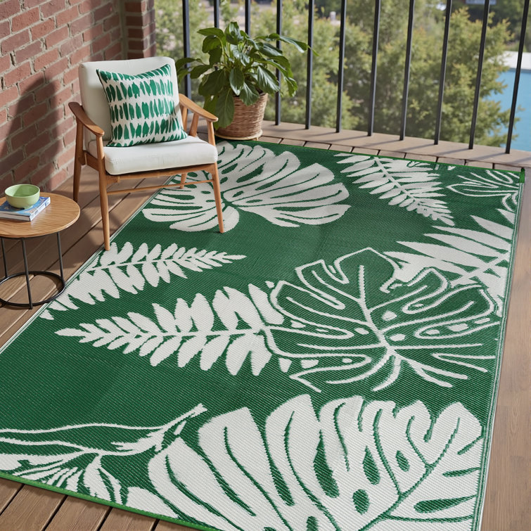 Highland Dunes Ellie Reversible Green Leaf Outdoor Rug | Wayfair