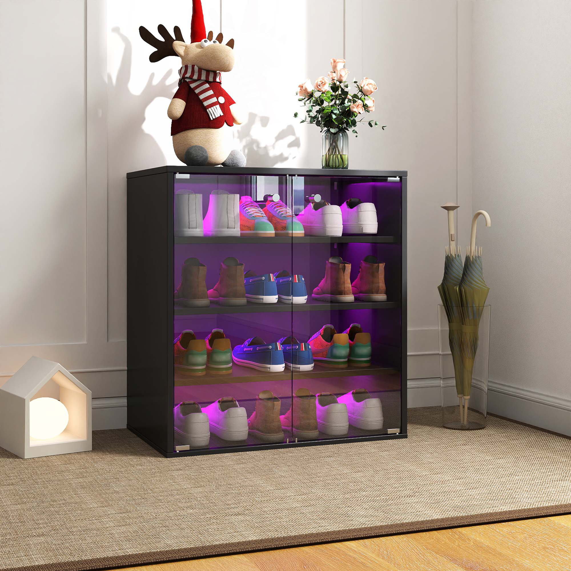 Ivy Bronx Shoe Box with RGB LED Light,Wooden Stackable Shoe Storage Box ...