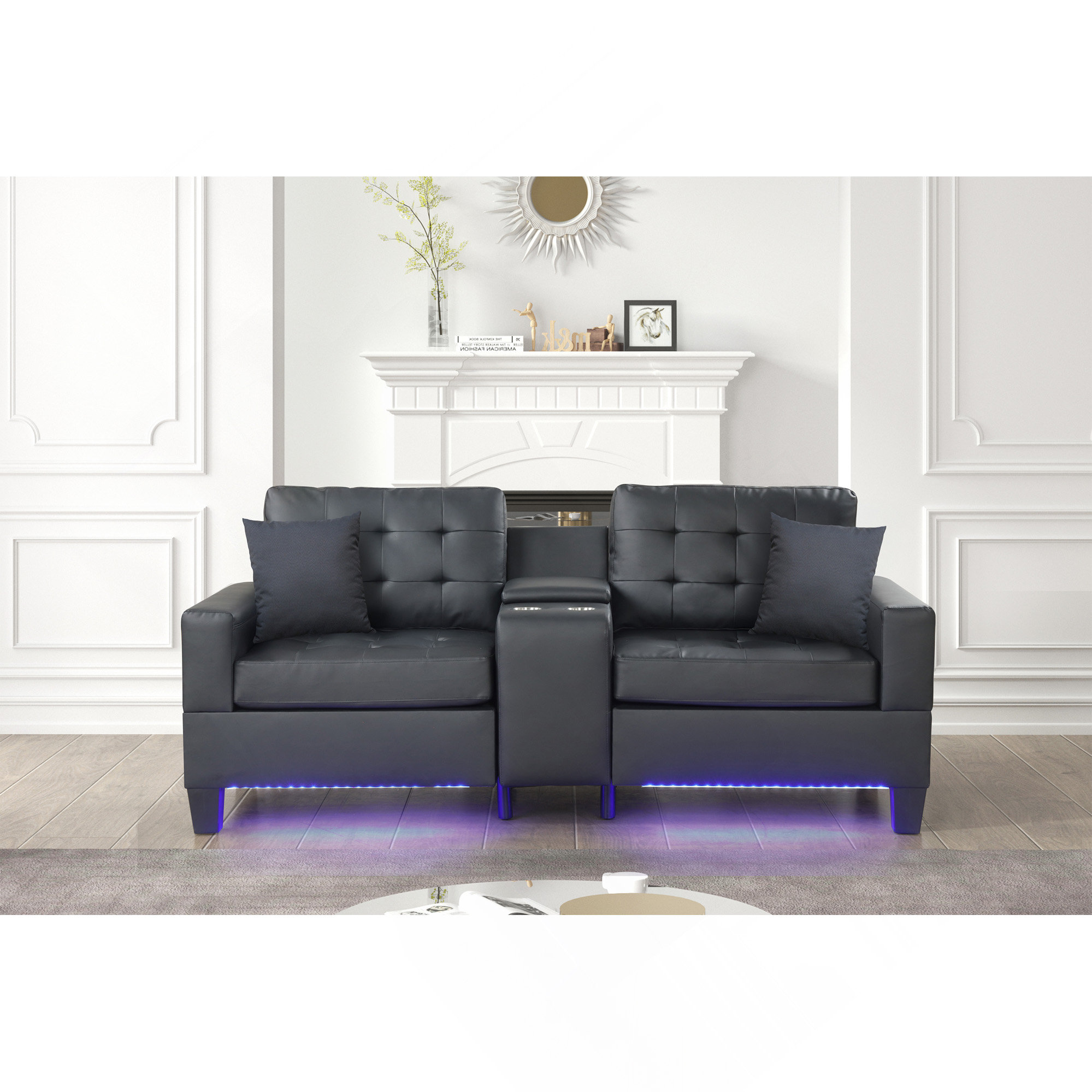 Ivy Bronx 85"W Black PVC Fabric Sofa With LED Lights, USB Charger ...