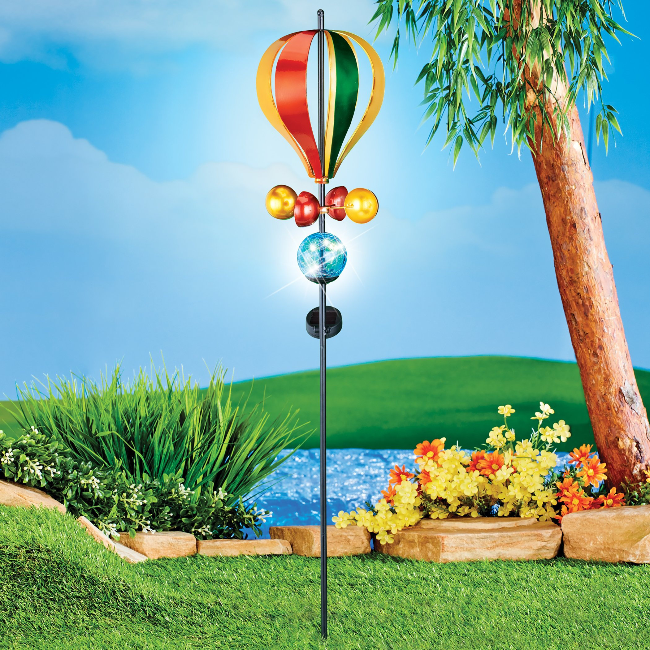 Arlmont & Co. Colorful Hot Air Balloon Solar Powered Wind Spinner Stake ...