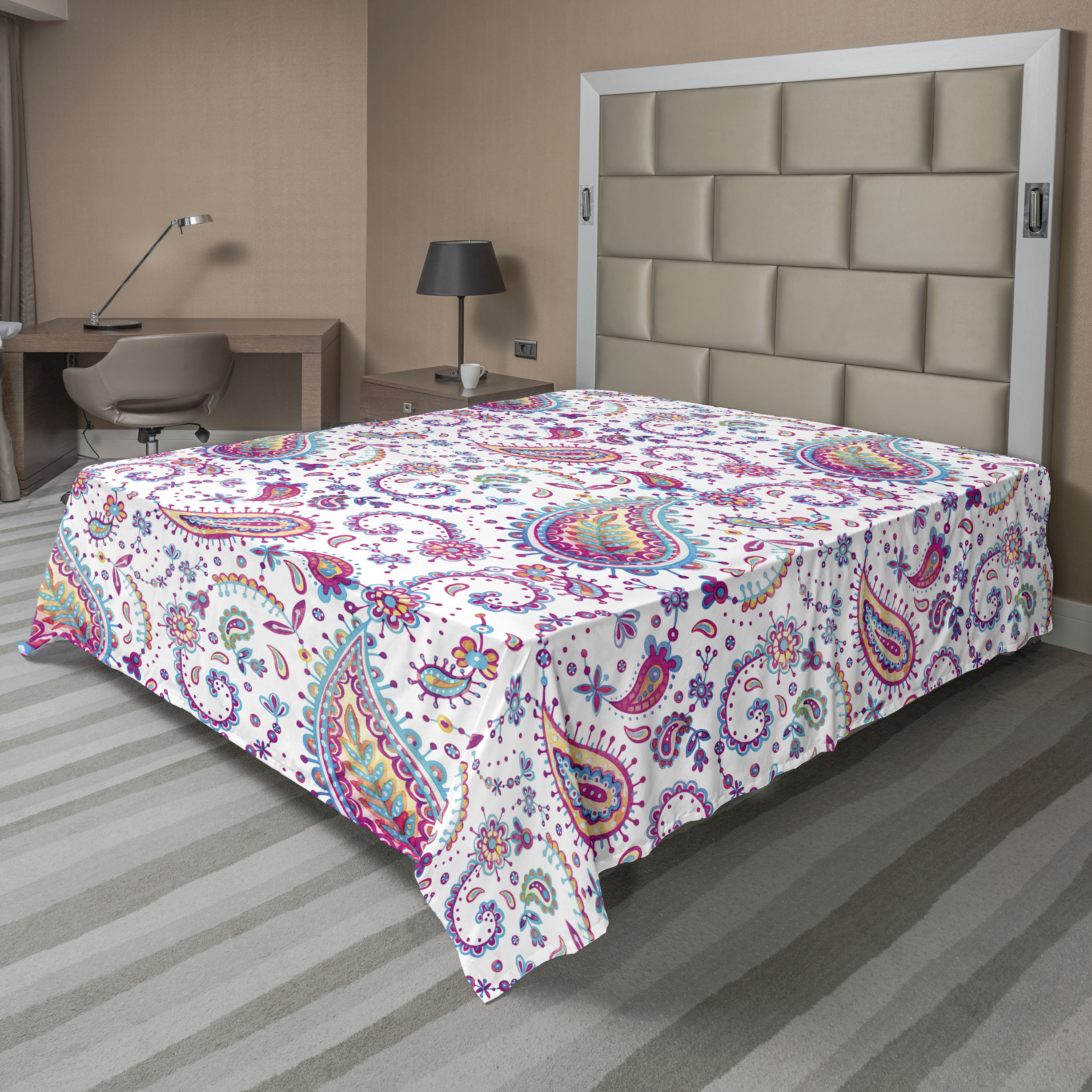 Ambesonne Paisley Flat Sheet Boho Modern Floral Motifs Magenta Sea Blue ...
