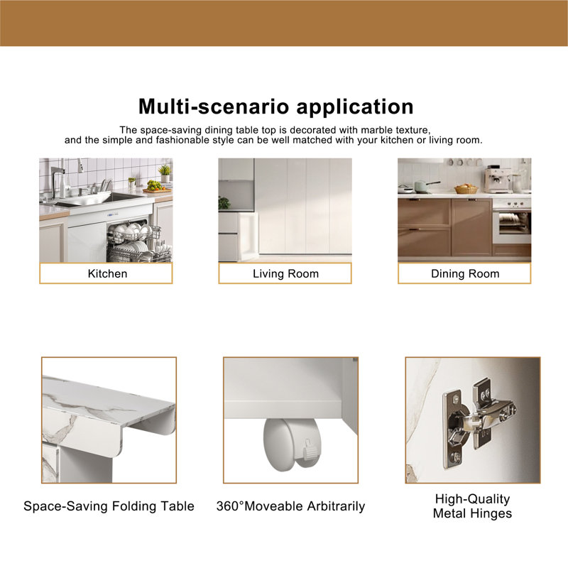 QZV Space-saving 47" White Marble Folding Dining Table With Storage And ...