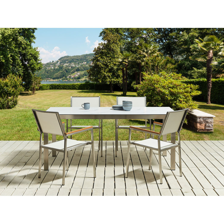Ivy Bronx 4 Seater Garden Dining Set Marble Effect Glass Top with White ...