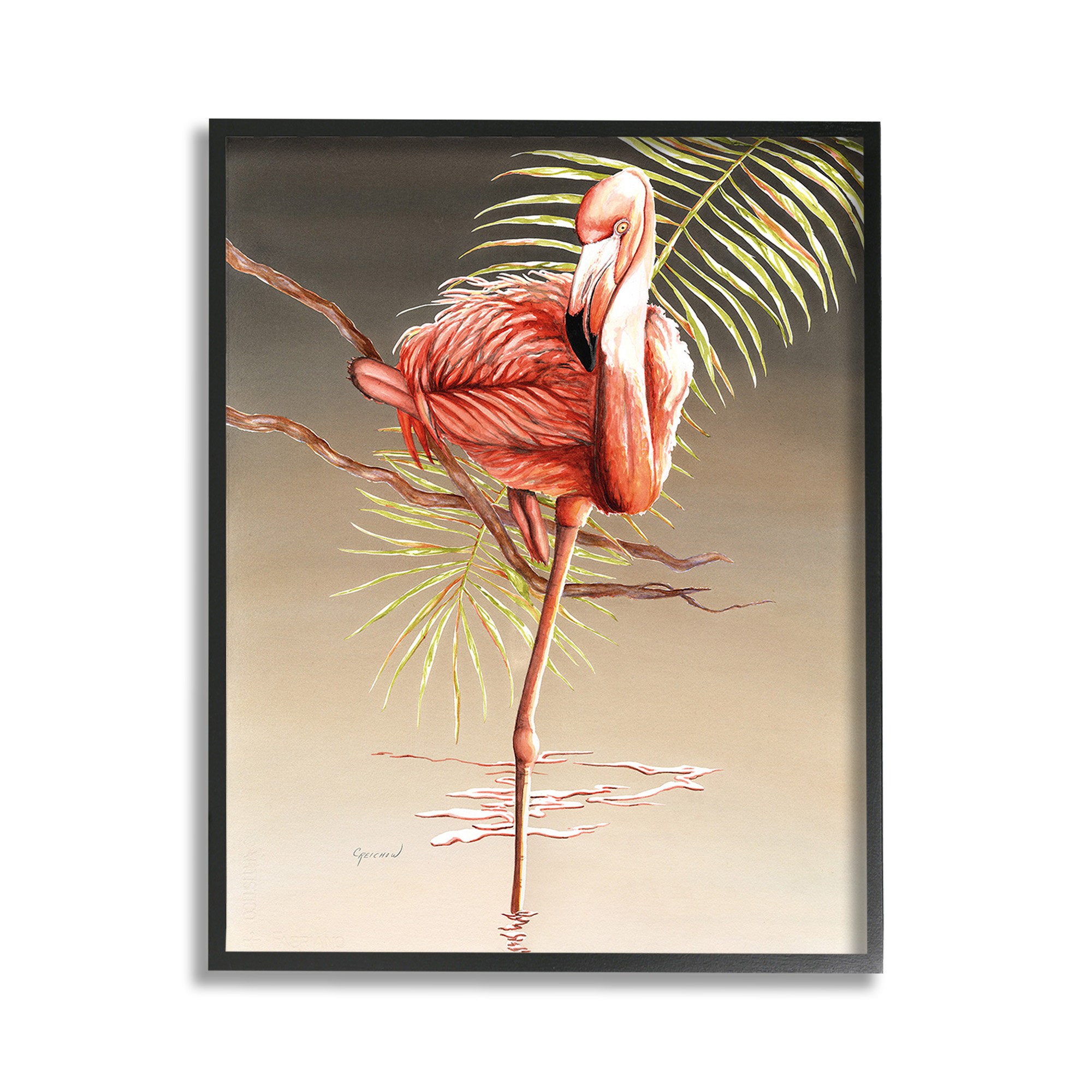 Stupell Industries Flamingo Balancing with Leaf Framed Giclee Art by ...