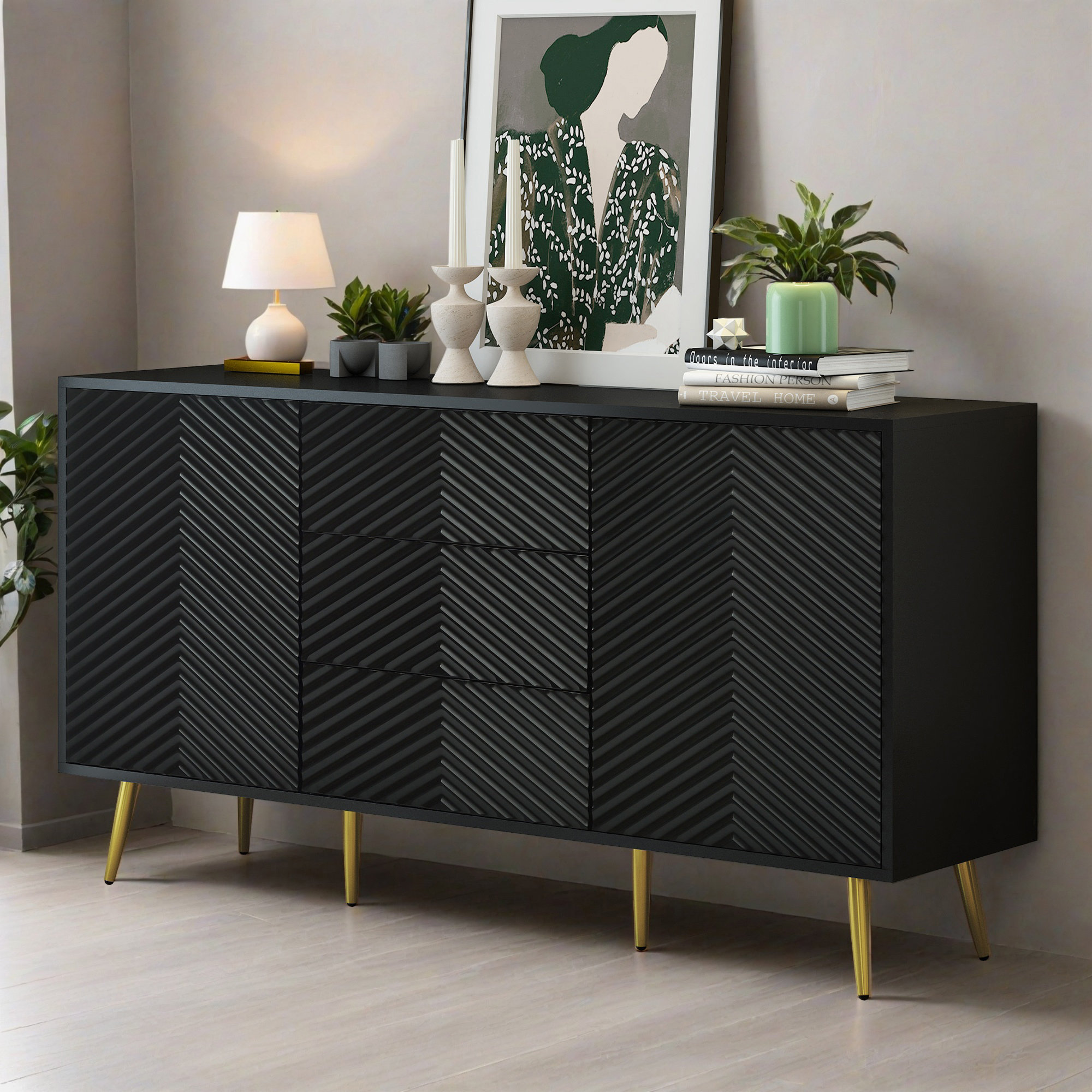 Mercer41 59.02" Kitchen Storage Sideboard Buffet Cabinet Console Table ...