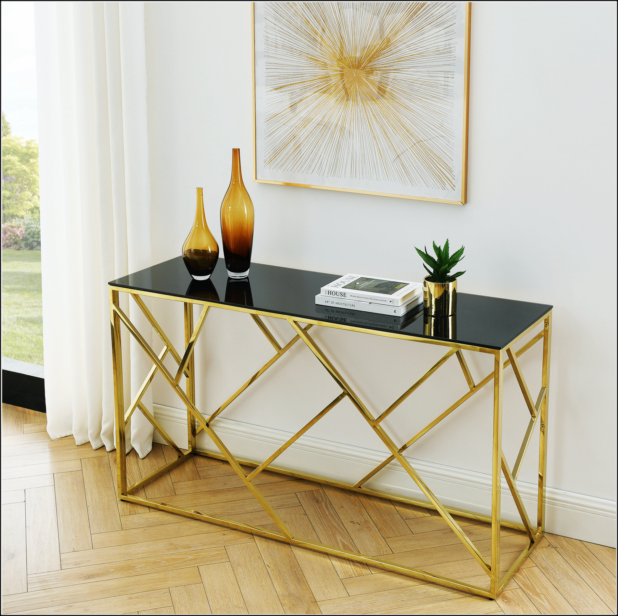 Mercer41 Modern Glass Console Table, 55" Gold Sofa Table with Sturdy ...