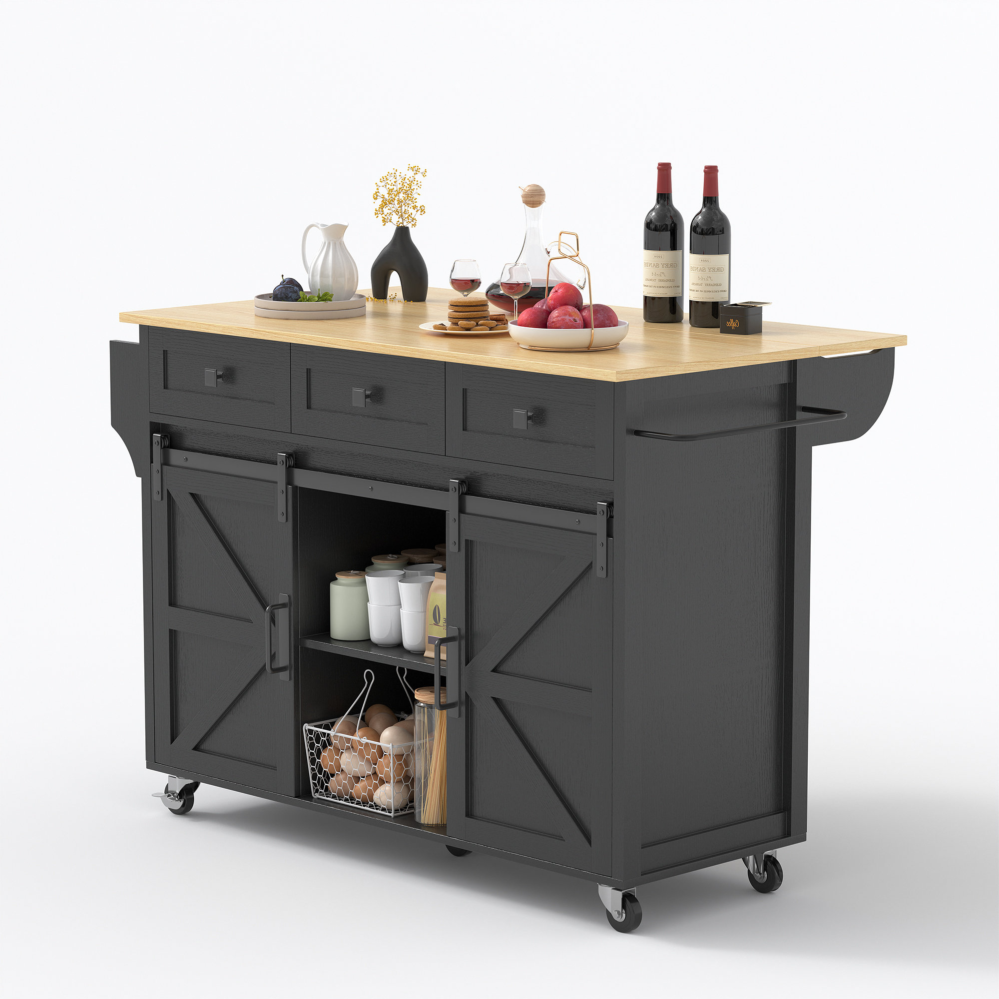 Gracie Oaks Farmhouse Kitchen Island Cart With Drop Leaf, Barn Door ...