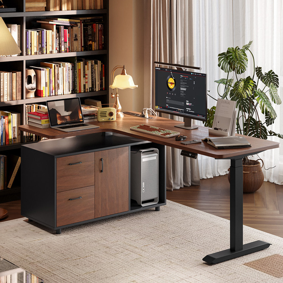 Inbox Zero Electric Height-Adjustable Solid Wood L-shaped Office Desk ...
