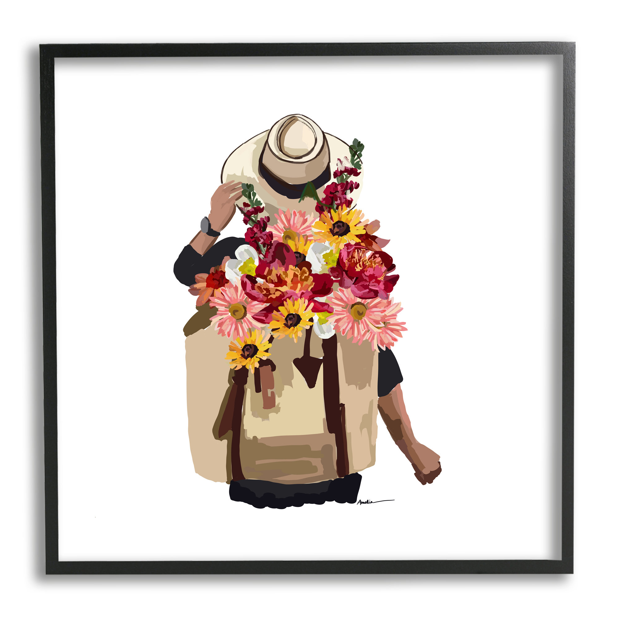 Stupell Industries Woman Carrying Backpack Mixed Flower Bouquet ...