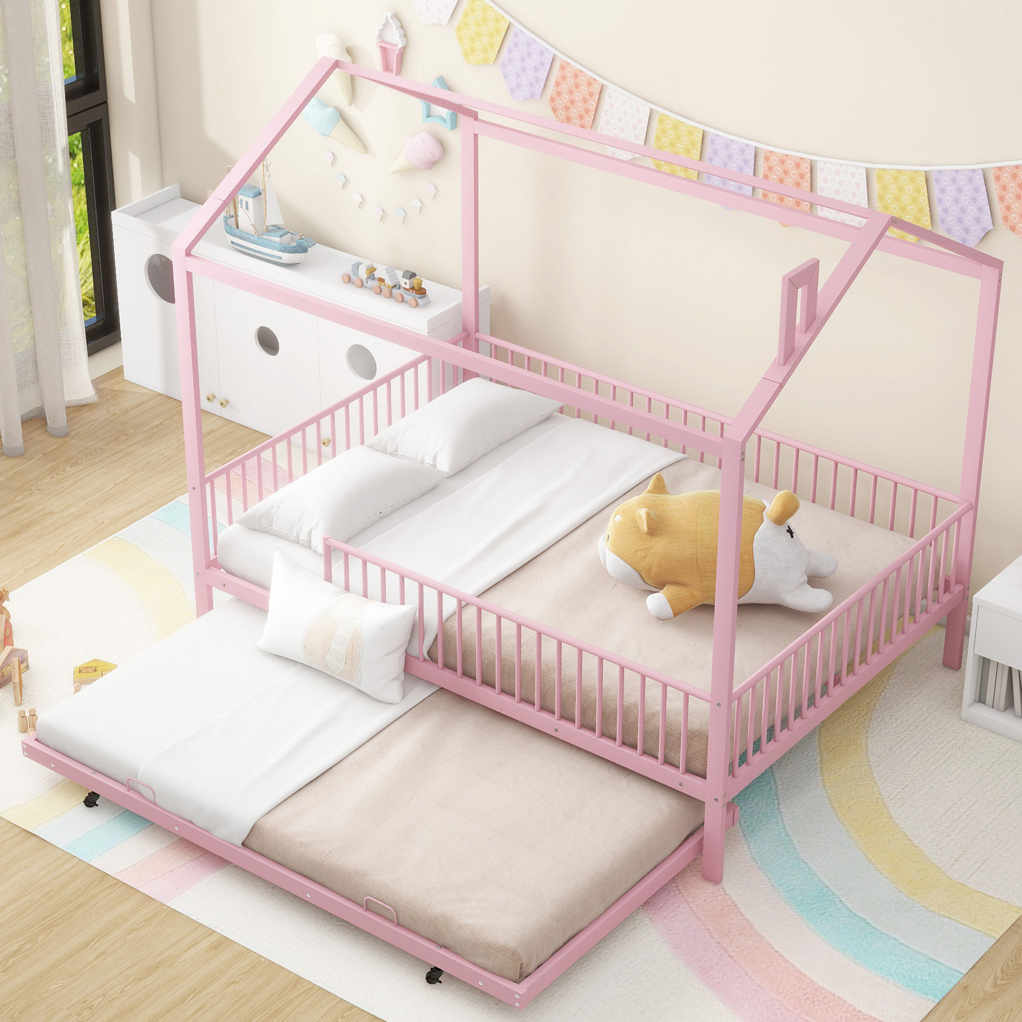 Bungalow Rose Full Size Metal House Bed With Fence, With Trundle ...