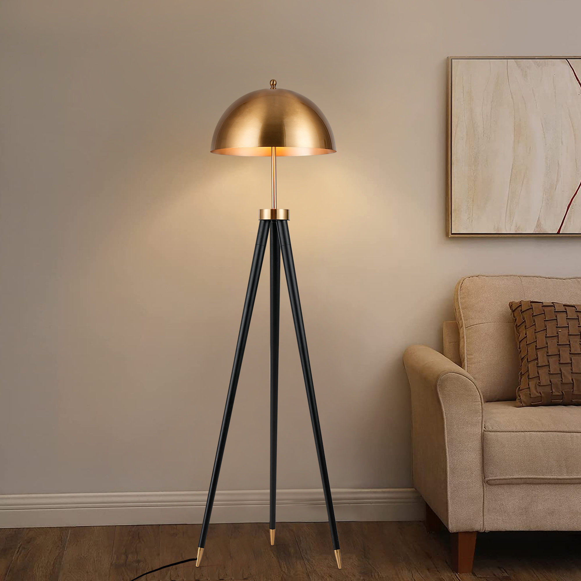 Mercer41 Tirah 59.6" Black Tripods Floor Lamps with Gold Iron Shade ...