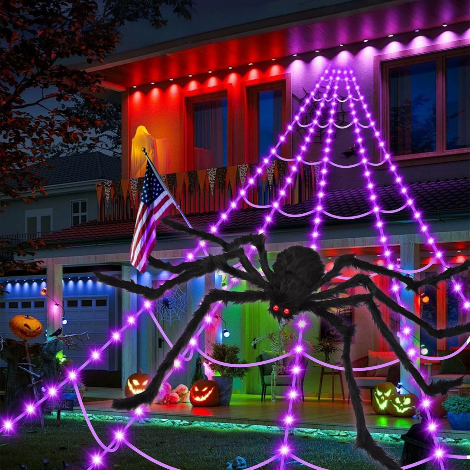 The Holiday Aisle® Outdoor Halloween Spider Web Decoration With Purple ...